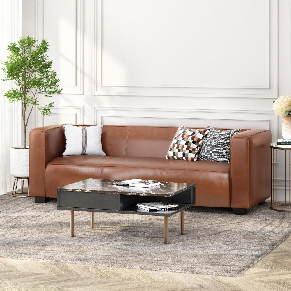 Coolbibila 80 Inch Light Brown Faux Leather 3 Seat Tuxedo Sofa Modern ...