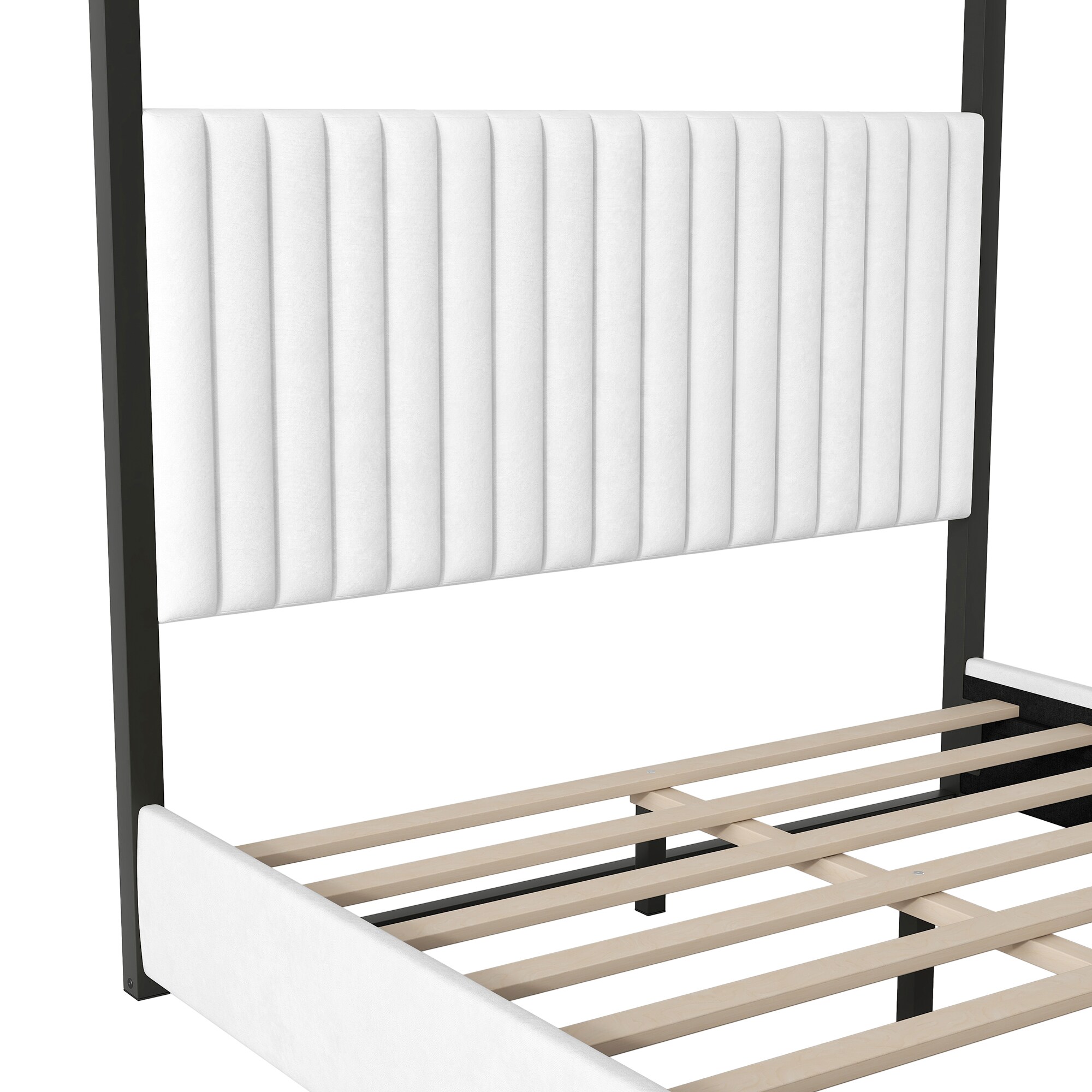 GDFStudio Queen Size Upholstered Canopy Bed in White Platform Bed with ...
