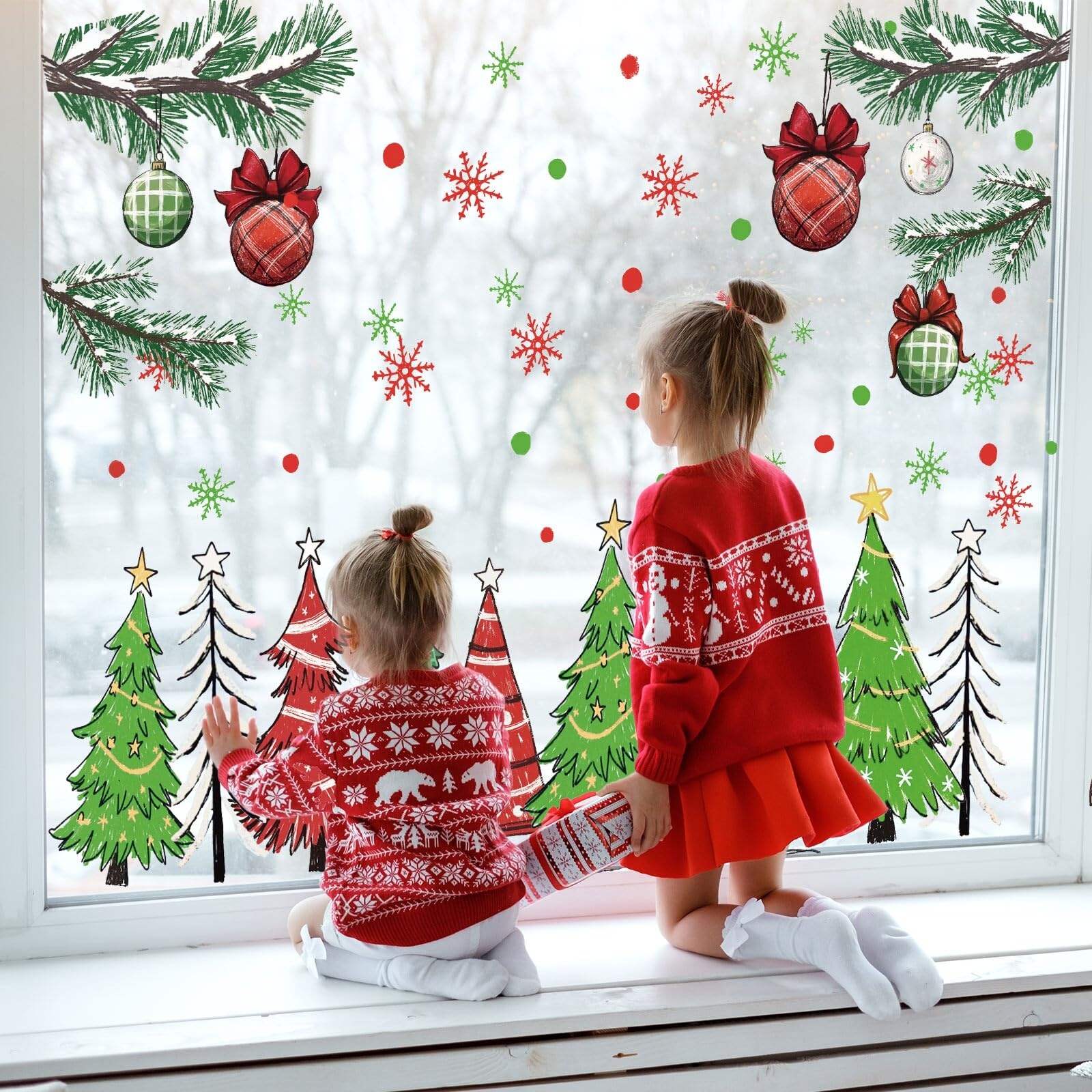 LAIFUCAM 9 Sheet Christmas Window Clings Red Green Tree Snowflake ...