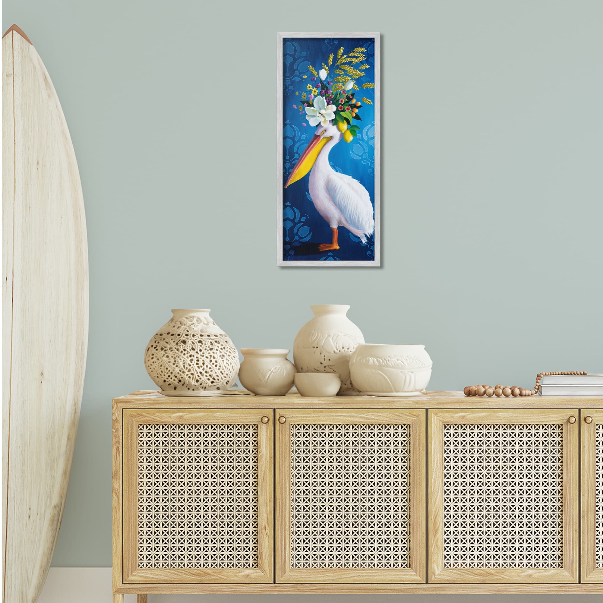 Stupell Industries Floral Pelican over Damask Gray Framed Giclee Art By ...
