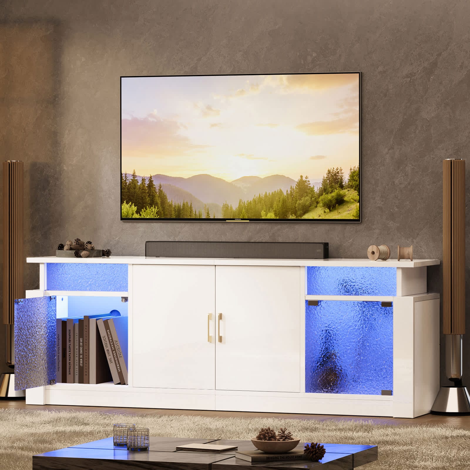 Bestier 62.99-in W White LED TV Stand Modern Entertainment Center for ...