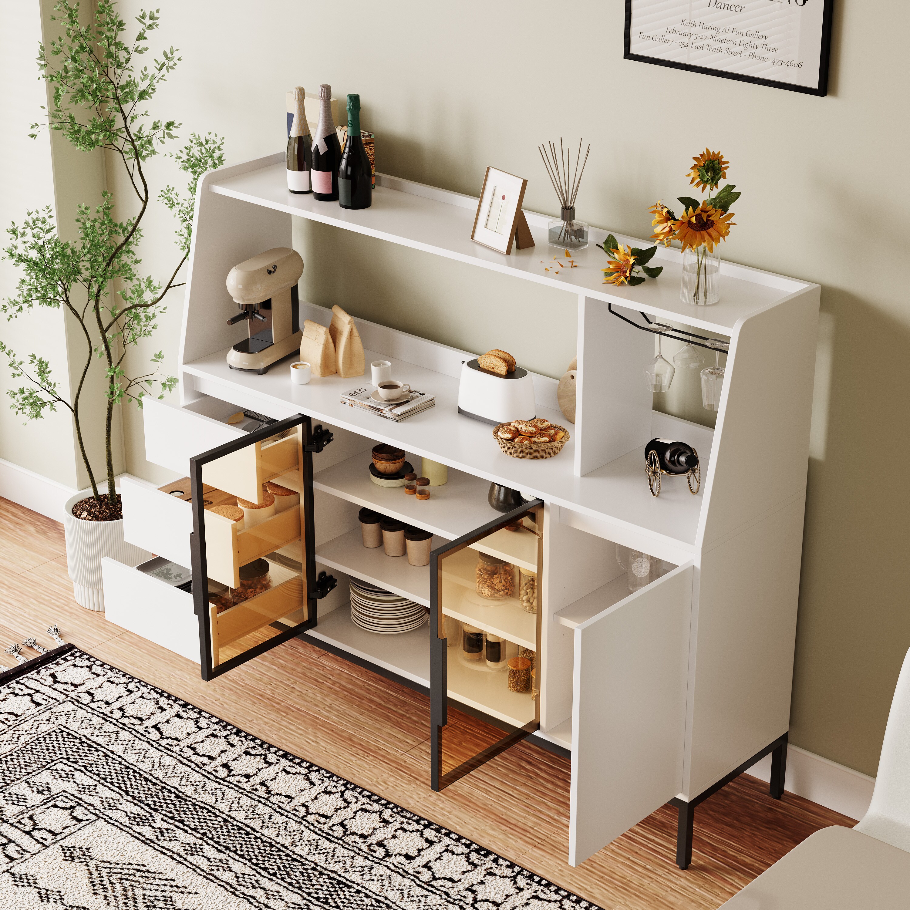 GDFStudio Modern sideboard with 3 drawers and glass door locker side ...