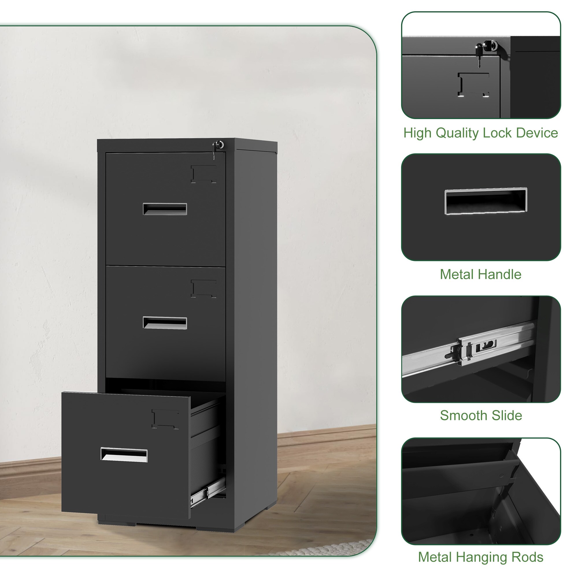 Black Metal 3-Drawer 15.16-in Vertical File Cabinet with Lock and Card ...