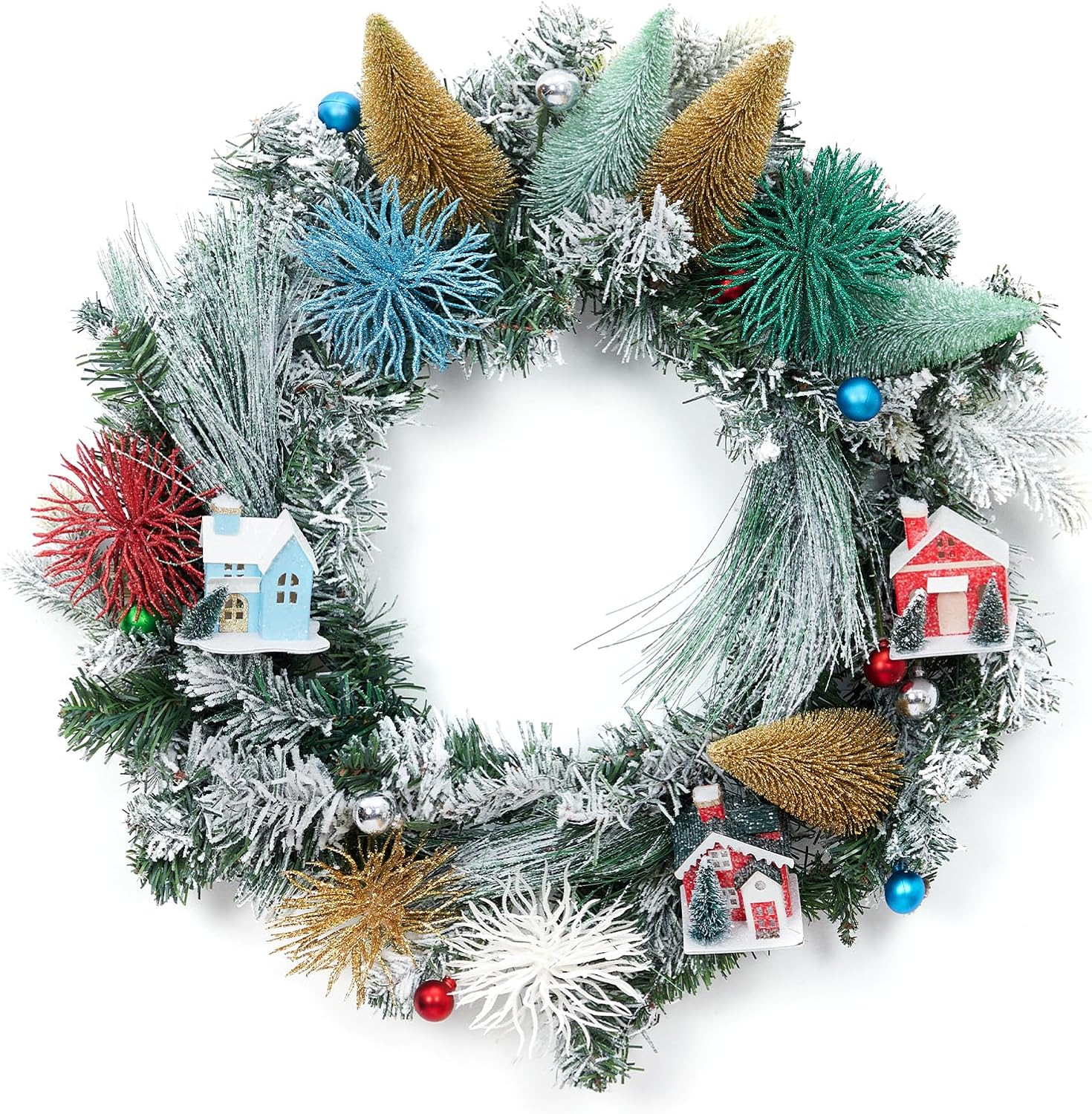 IdealHouse 24-in Christmas Village Wreath with Pinecones Snow for Front ...
