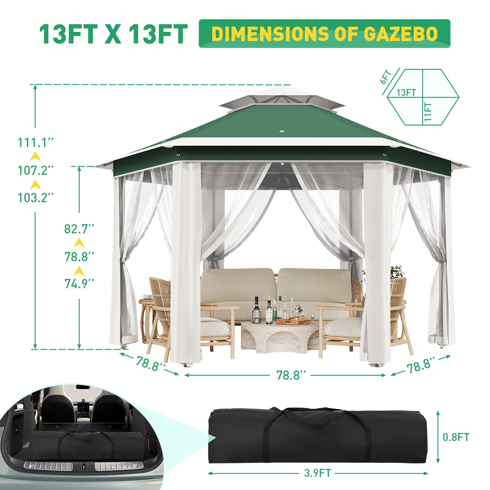 Garvee 13x13 ft Pop Up Gazebo Hexagonal Canopy Shelter with 6 Zippered ...