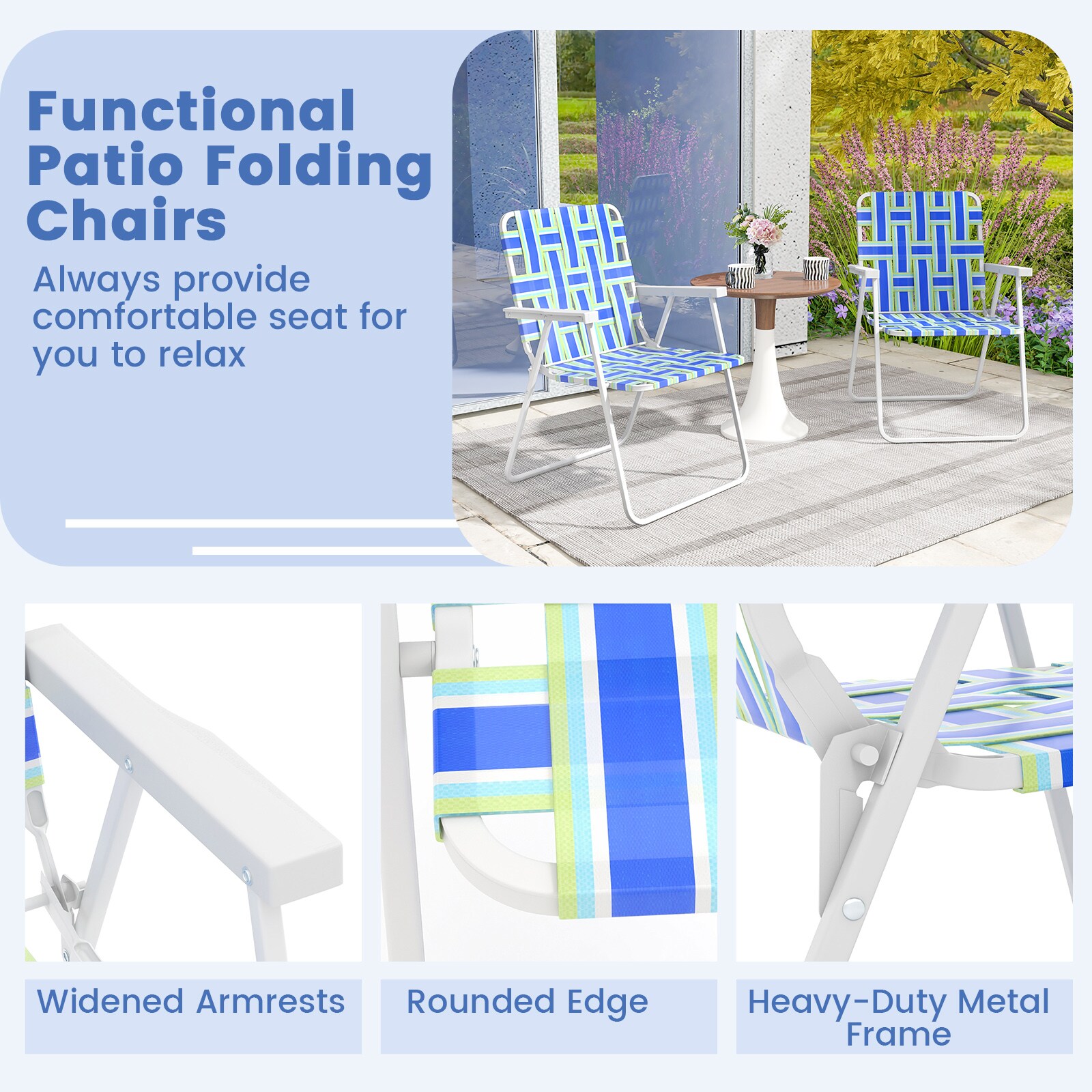 Volenca 2-Piece Outdoor Folding Steel Beach Lawn Webbing Chair Set with ...
