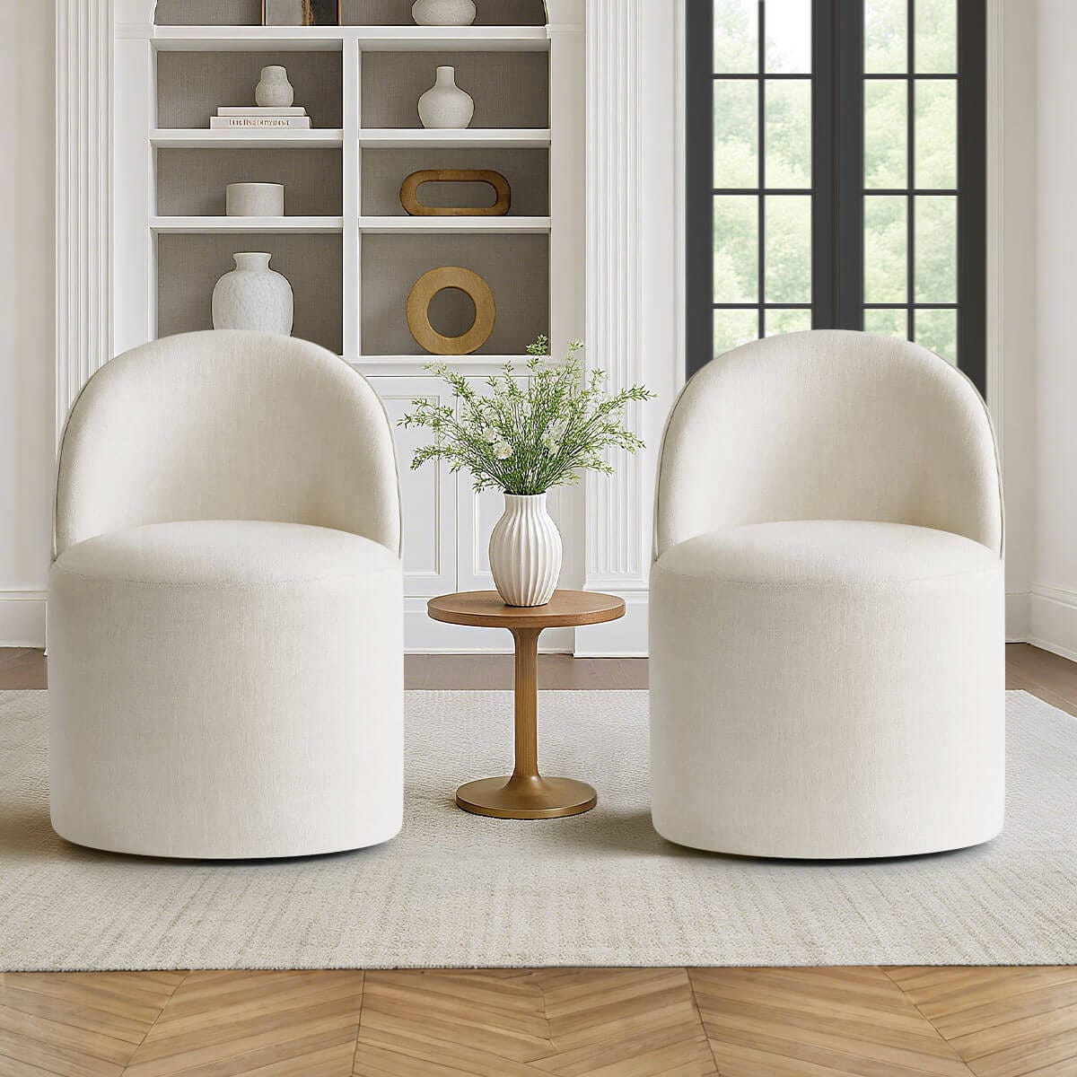 Maison Boucle Set of 2 Upholstered Cream Linen Barrel Dining Chairs ...