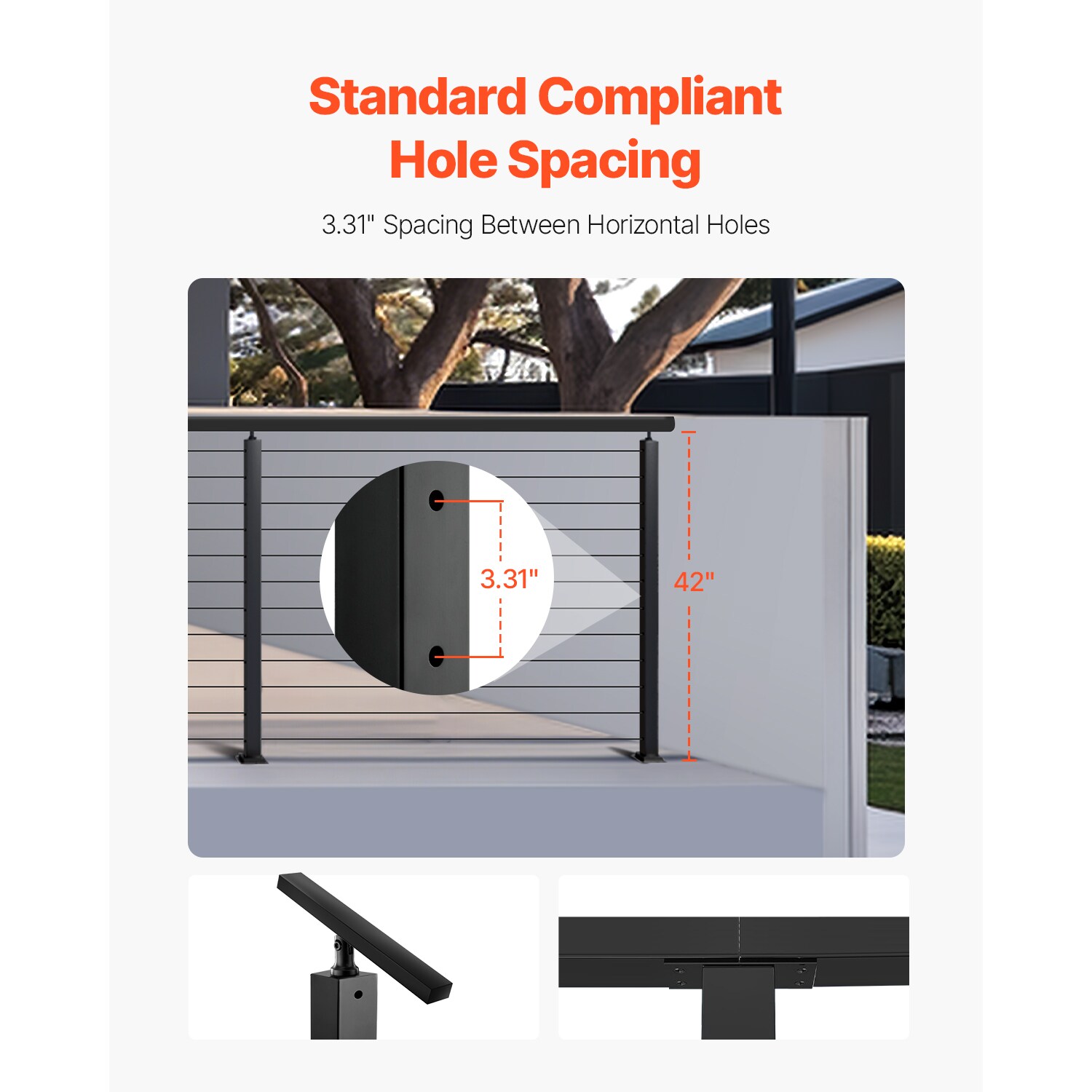 VEVOR 4-Pack Cable Railing Post 42x2x2 In Horizontal-Hole Deck Railing ...