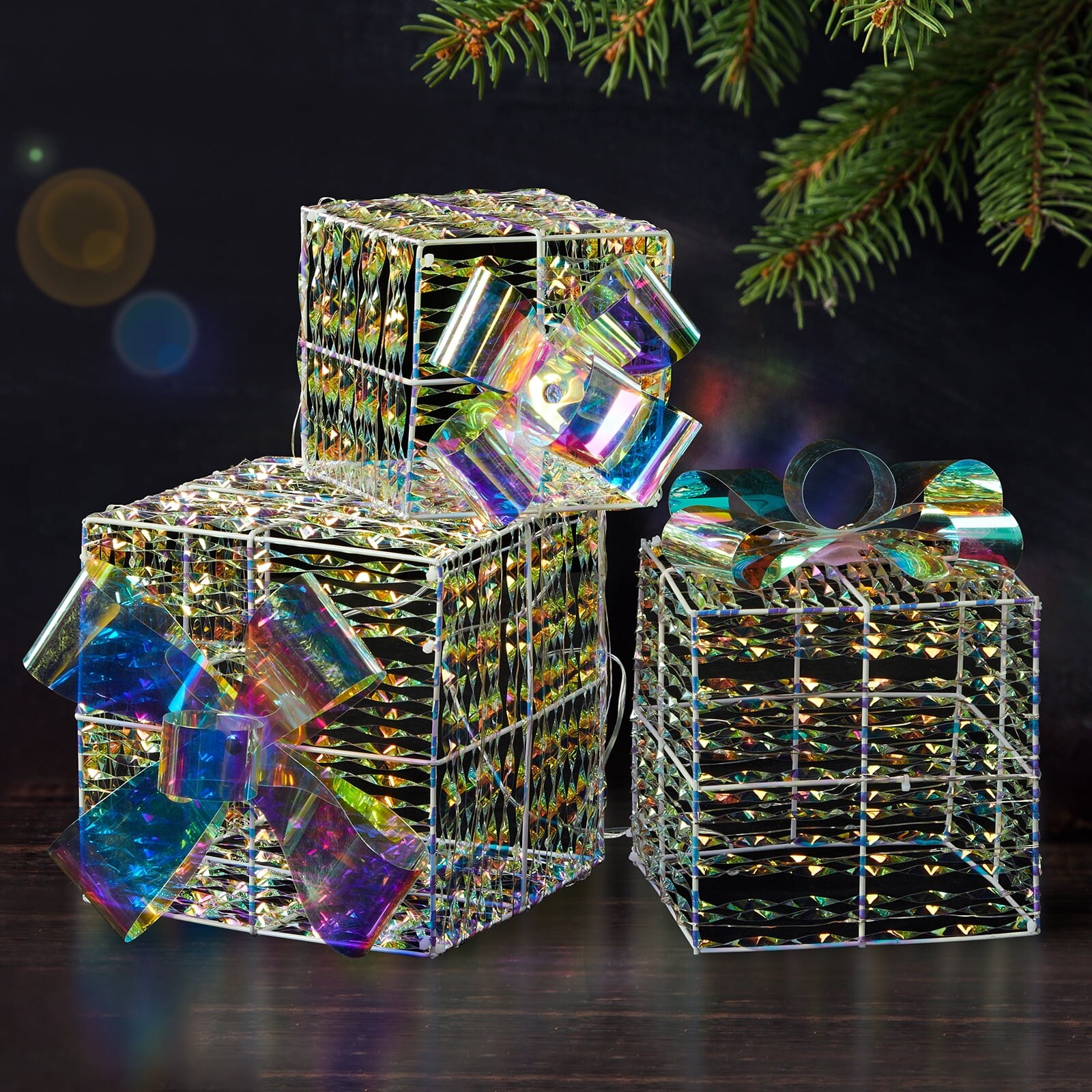 Zyerch Lighted Iridescent Gift Boxes Set of 3 Pre-lit Nestable Present ...