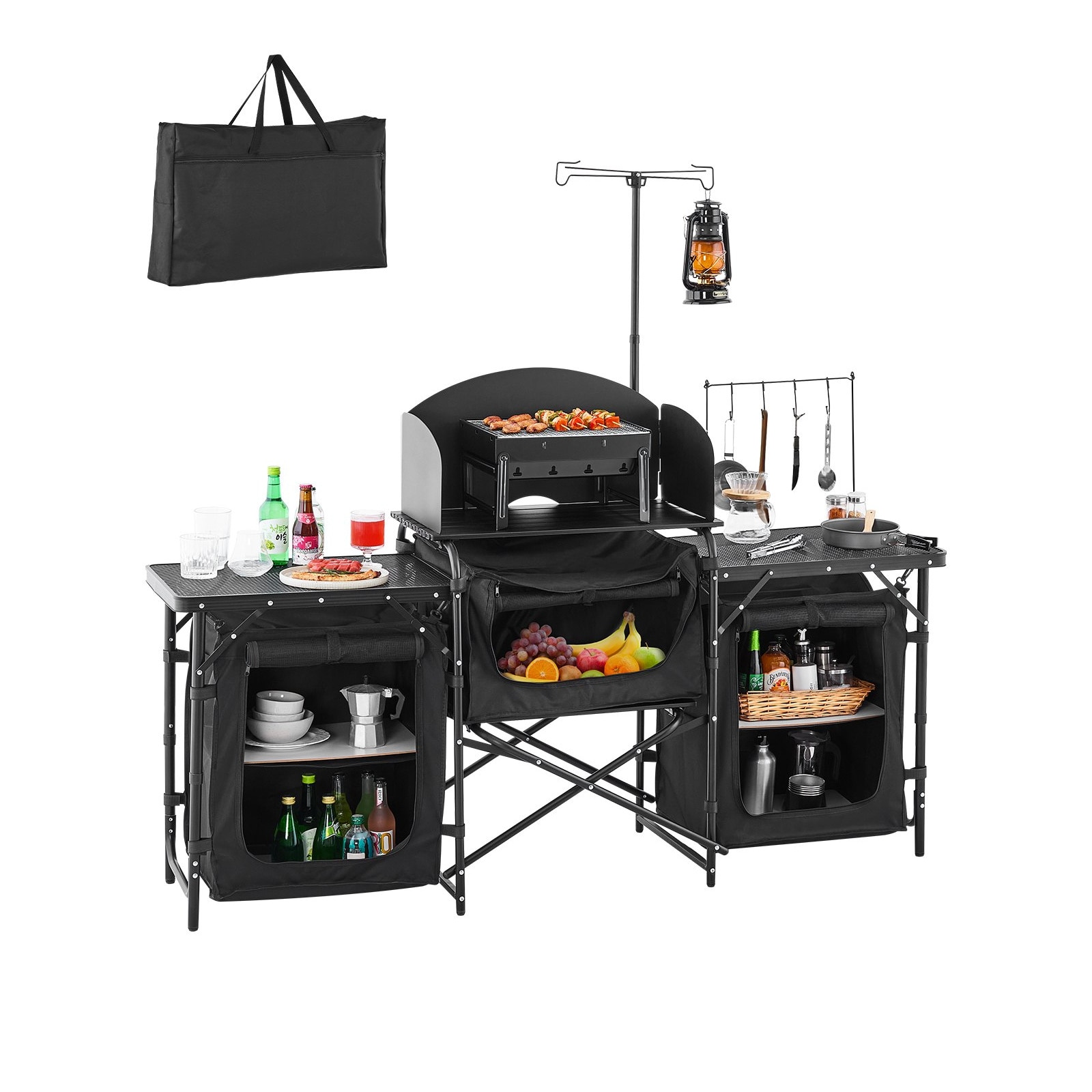Mecale Folding Camping Kitchen Table with 3 Cupboards Steel Mesh Side ...