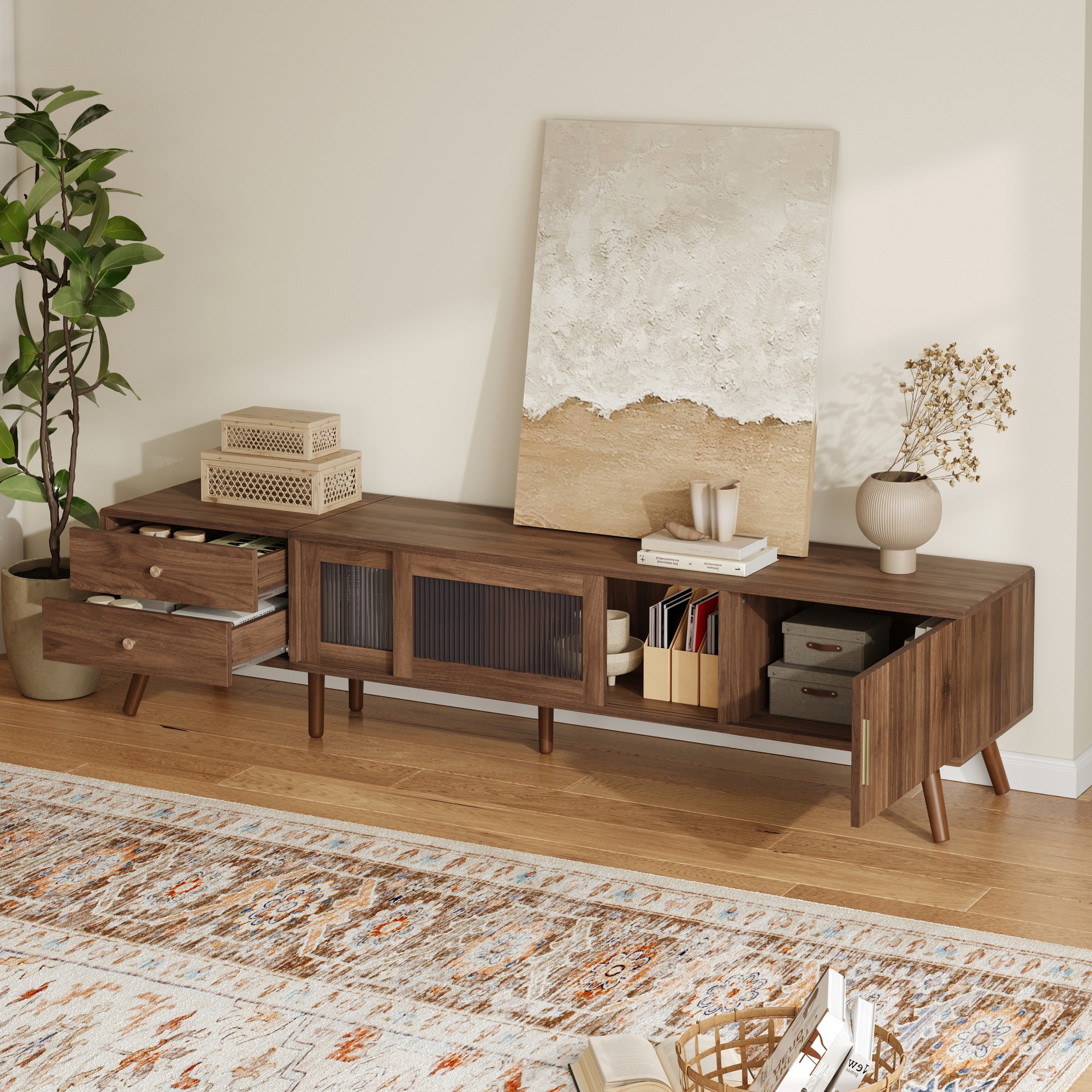 LUXEYARD 76in Modern Minimal Glass-Doors TV Stand for TVs up to 85 ...