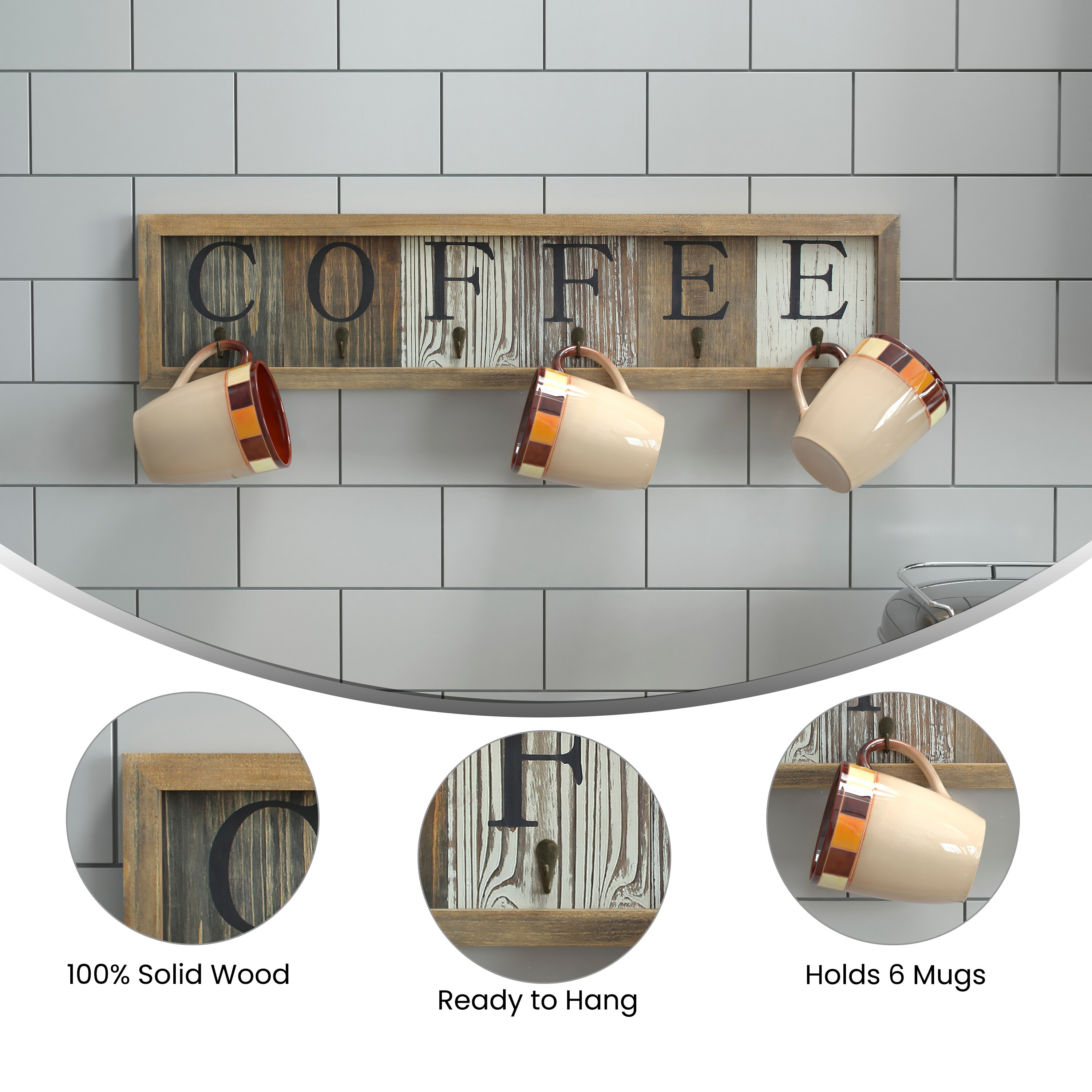 Merrick Lane Pheltz Wooden Wall Mount 6 Cup Distressed Wood Grain ...