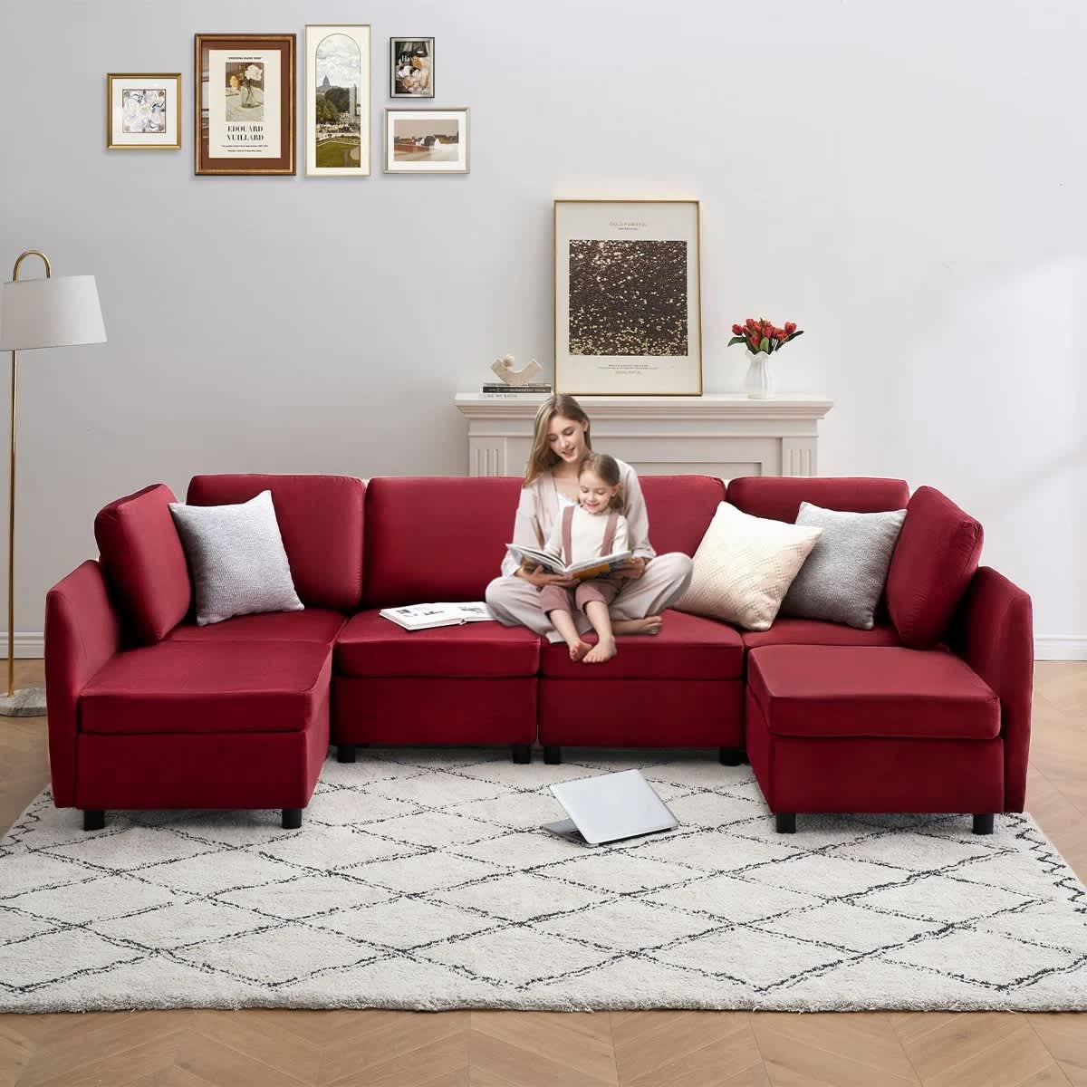 Garvee 86-Inch Sofa-9 Seater With Petal Cushion-Chenille Fabric-Wine ...