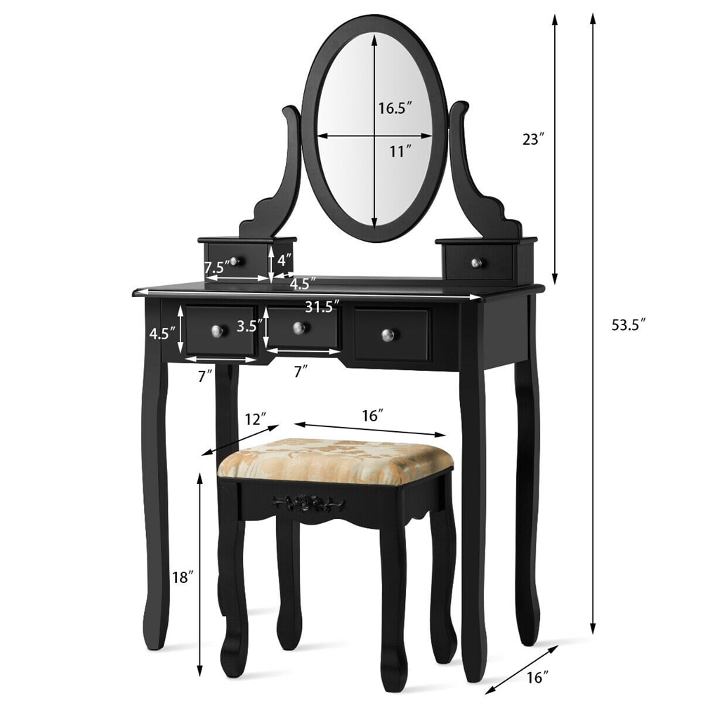 Costway Vanity Table Dressing Table 5 Make Up Table Stool Black in the ...