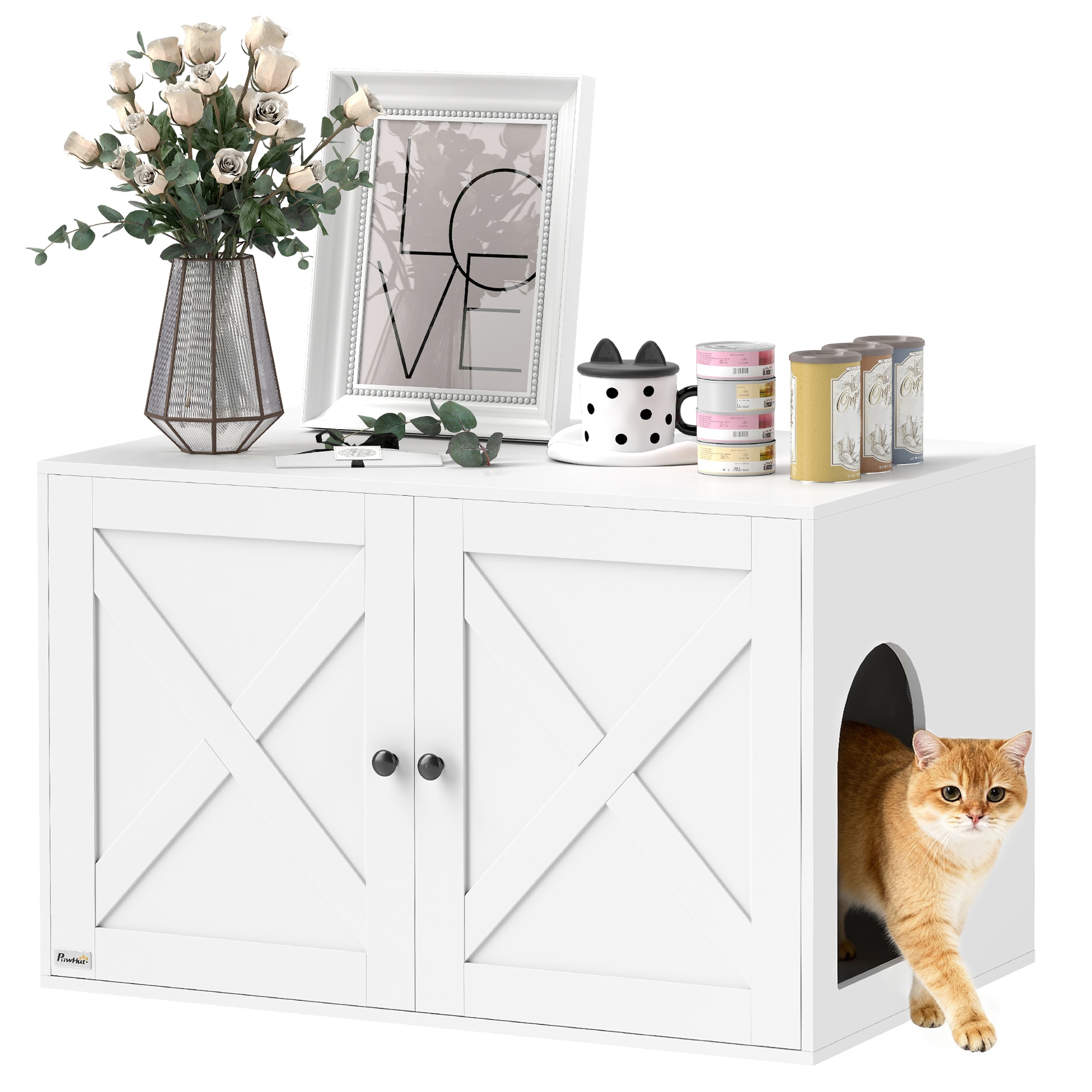 LUXEYARD Cat Litter Box Enclosure with Barn Door Cat Hole 31.5inch x ...