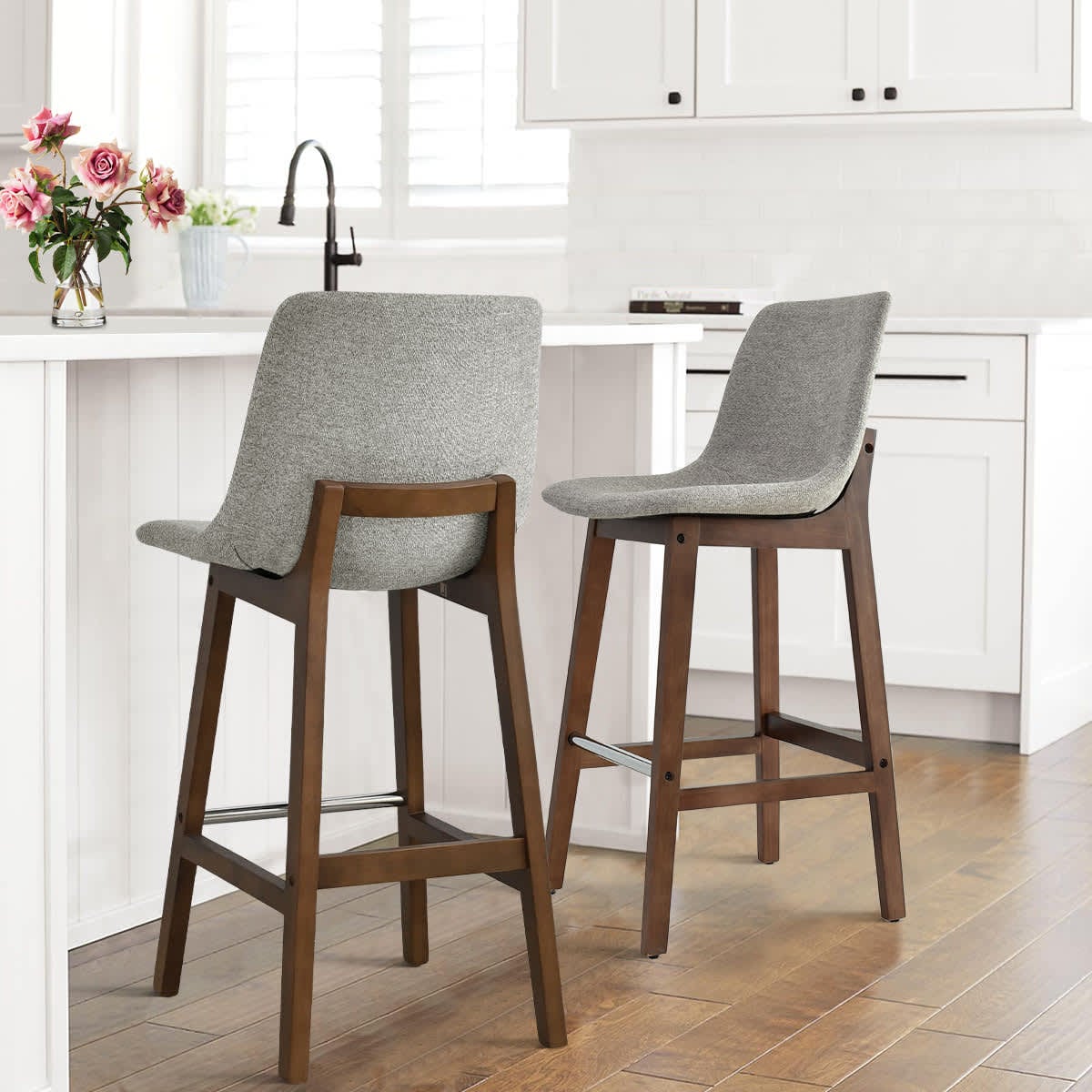 Maison Boucle Set of 2 Gray Upholstered Bar Stools 28-in H with Steel ...