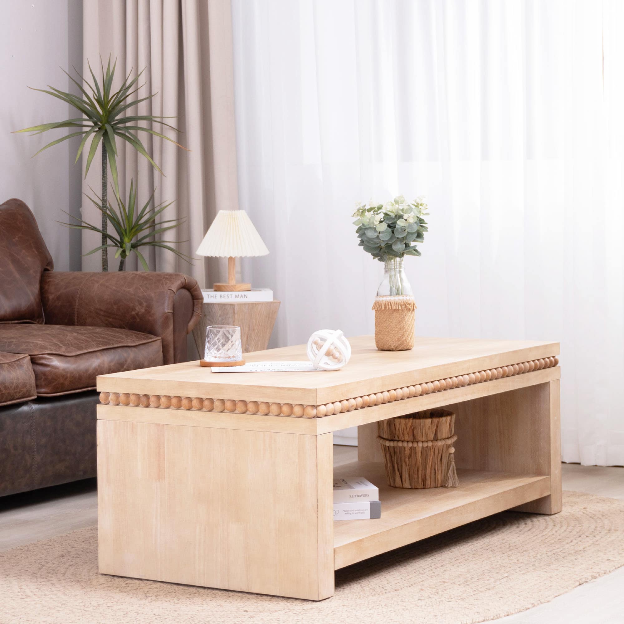 LUXEYARD Modern Wood Coffee Table With Beaded Trim 47 Inch Rectangular ...