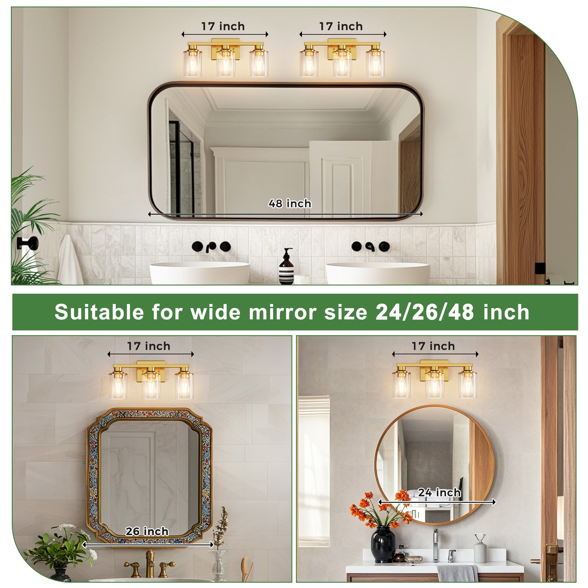 DORESshop 17 Inch 3 Light Brushed Gold Bathroom Vanity Light with Clear ...