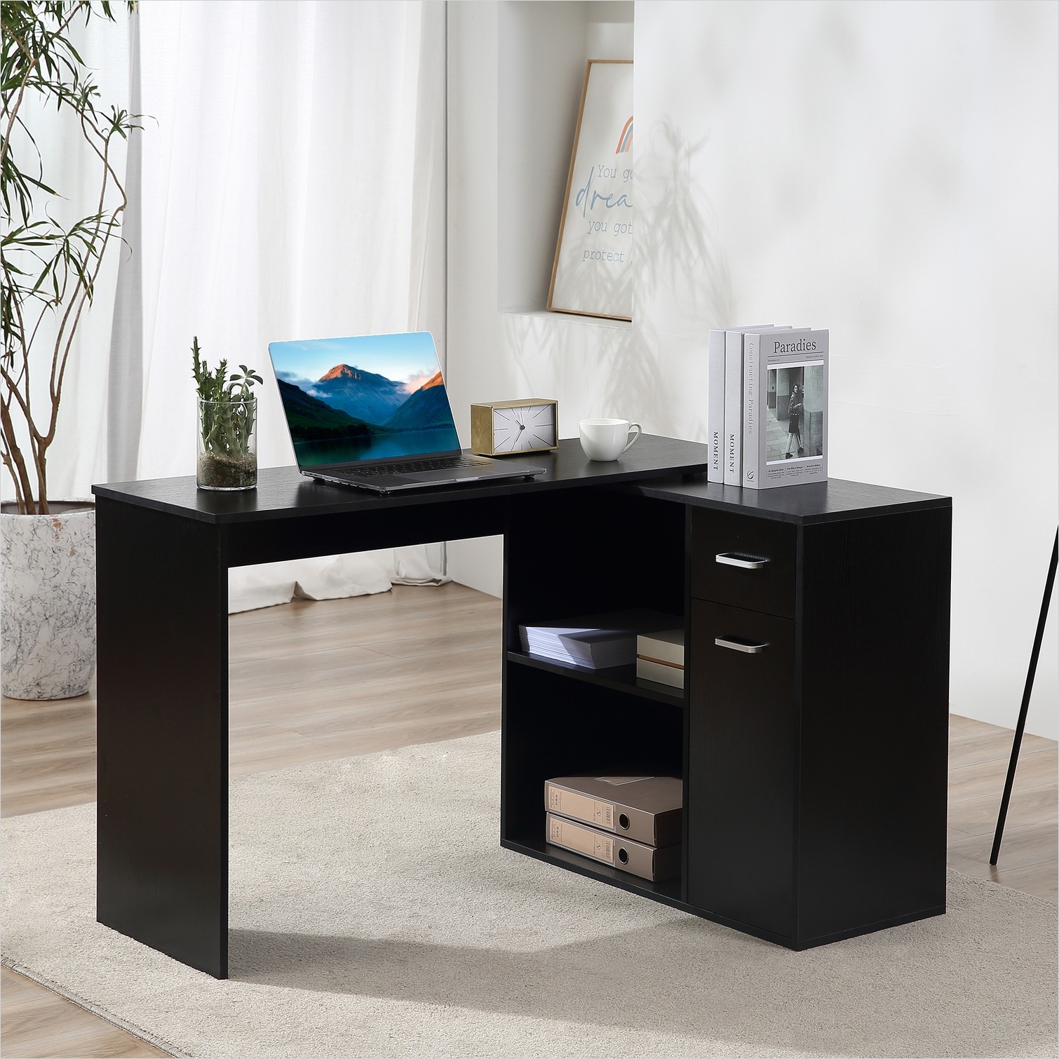 Naturefalls Sleek Black Wood L-Shaped Rotating Corner Desk with Storage ...