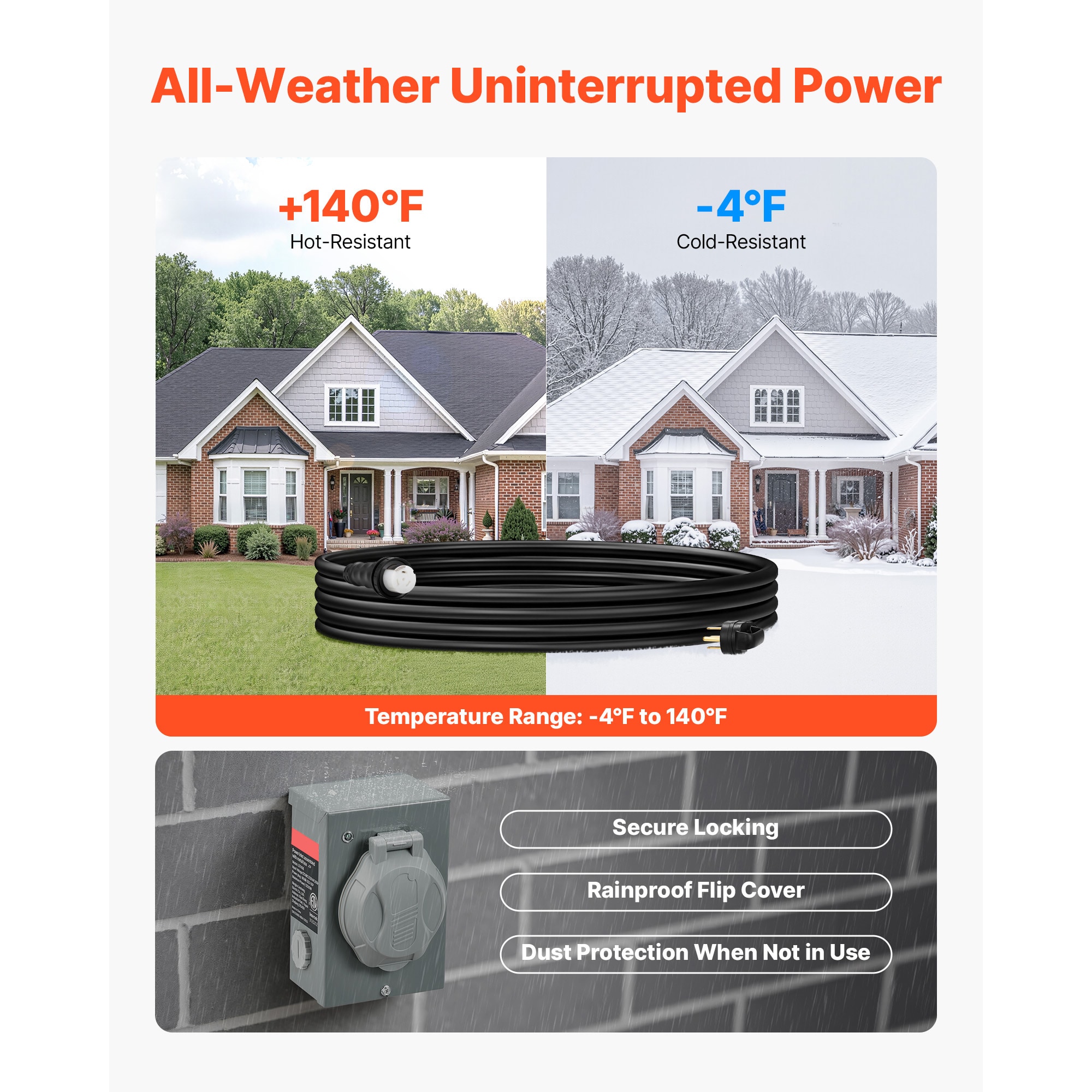 VEVOR 50 Amp Generator Cord and Power Inlet Box 10FT 125V/250V STW 6/3 ...