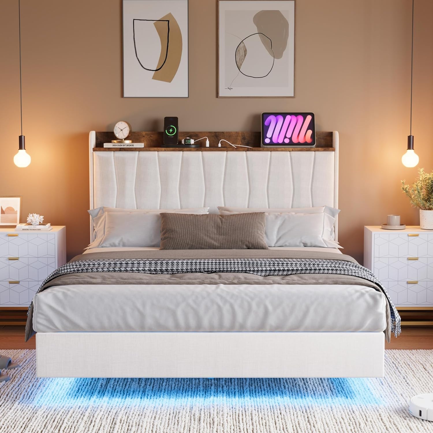 GarveeLife King Floating Bed Frame with LED Lights And Charging Station ...