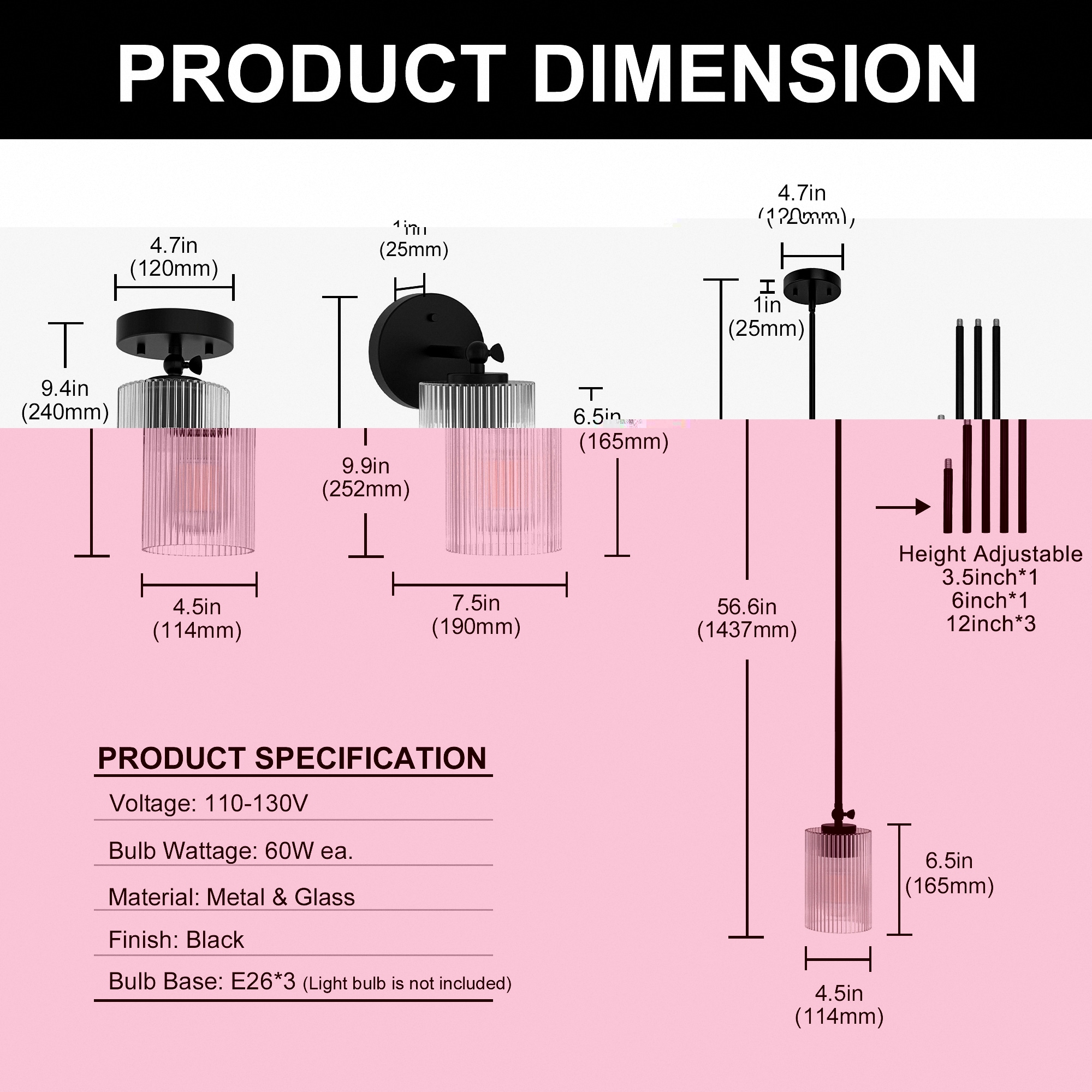 YANSUN 3 -Light Black Modern/contemporary Art glass Glass Cylinder Mini ...