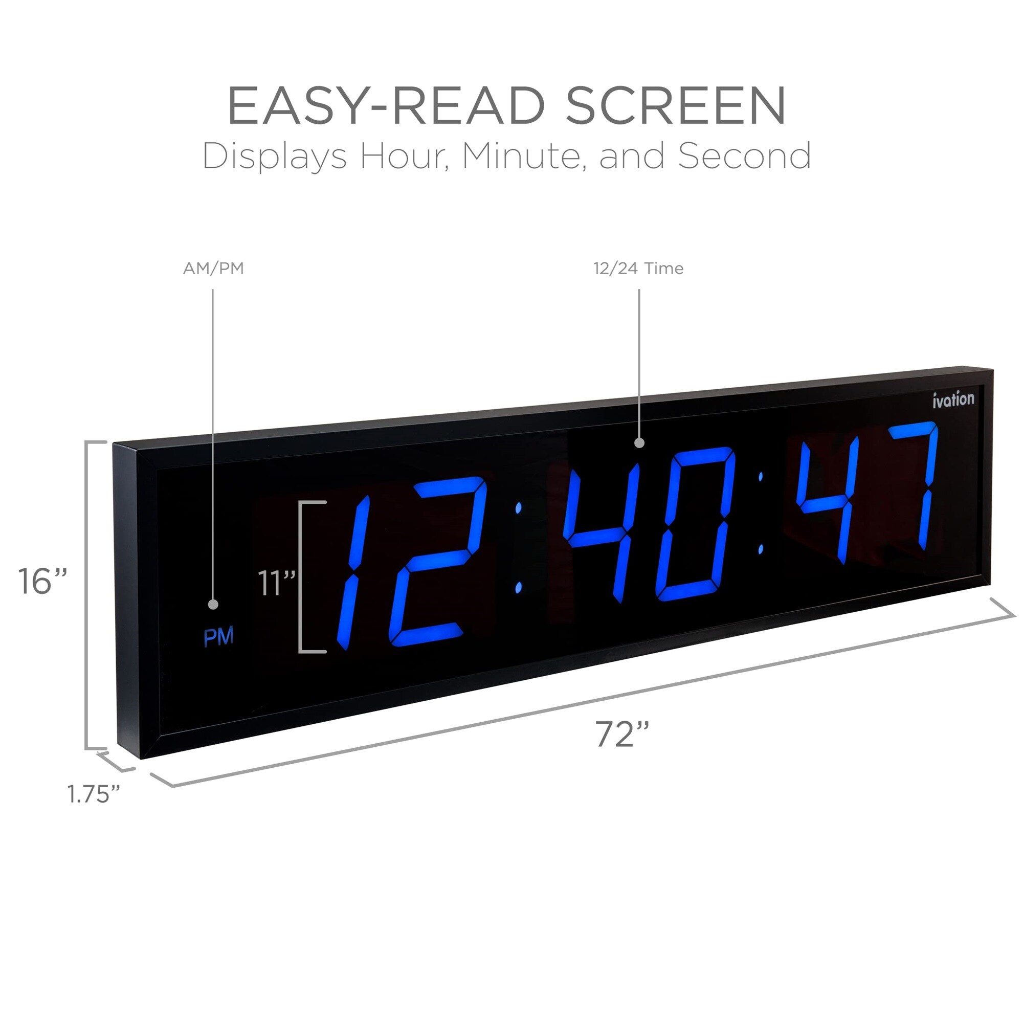 Ivation Large Digital Clock - 72'' LED Wall Clock with Stopwatch ...