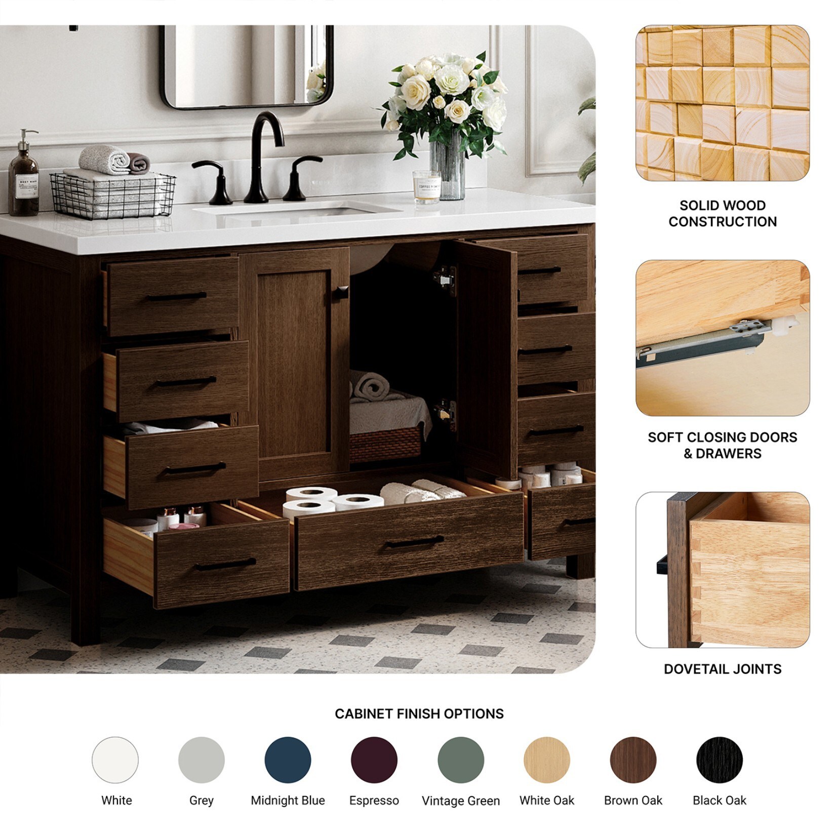 ARIEL Cambridge 54-in Brown Oak Bathroom Vanity Base Cabinet without ...