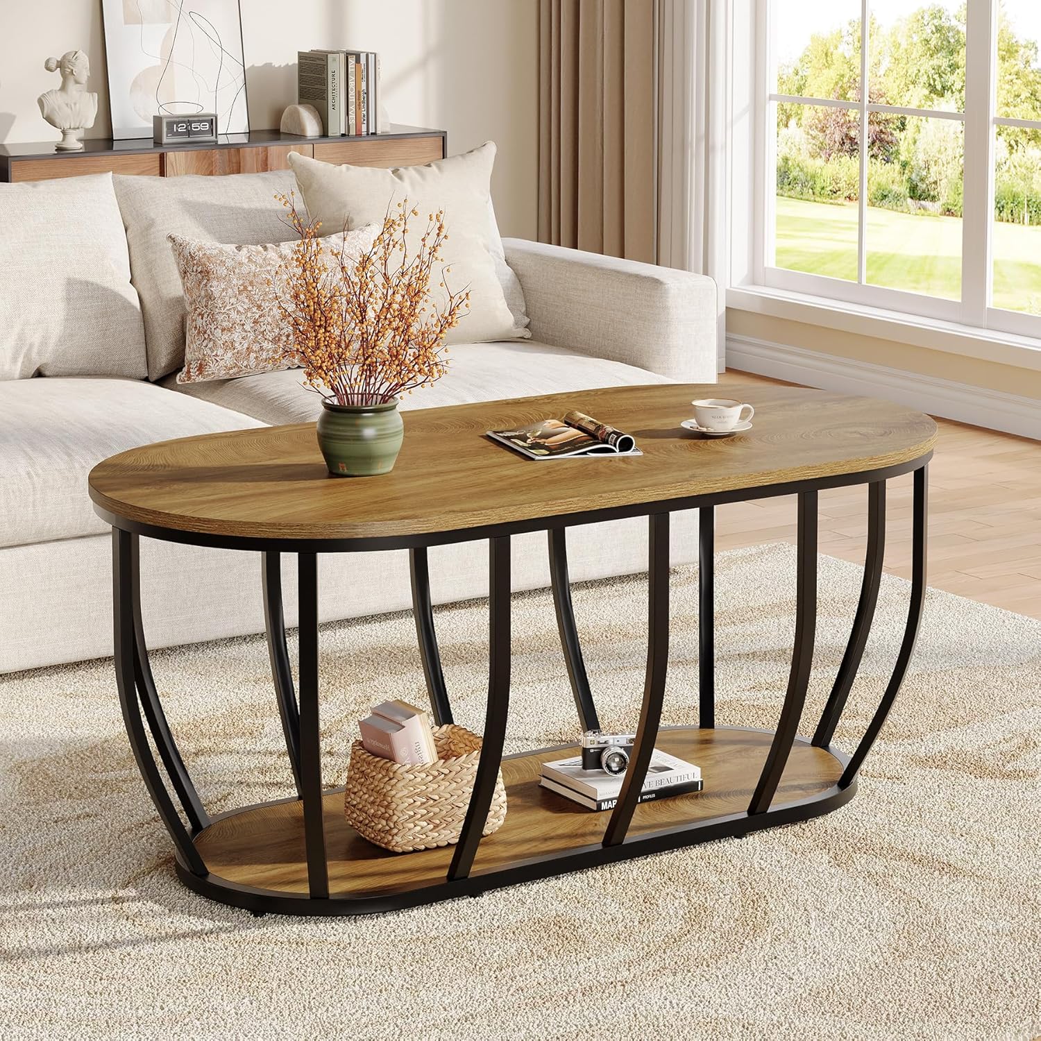 Tribesigns Oval Industrial Coffee Table with 2 Tiers Storage 47.2 ...
