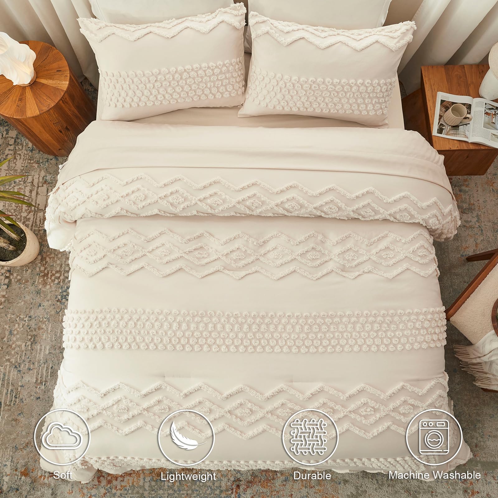 OMOMMD Beige Full Boho Tufted Comforter Set King Size 3 Pieces Shabby ...