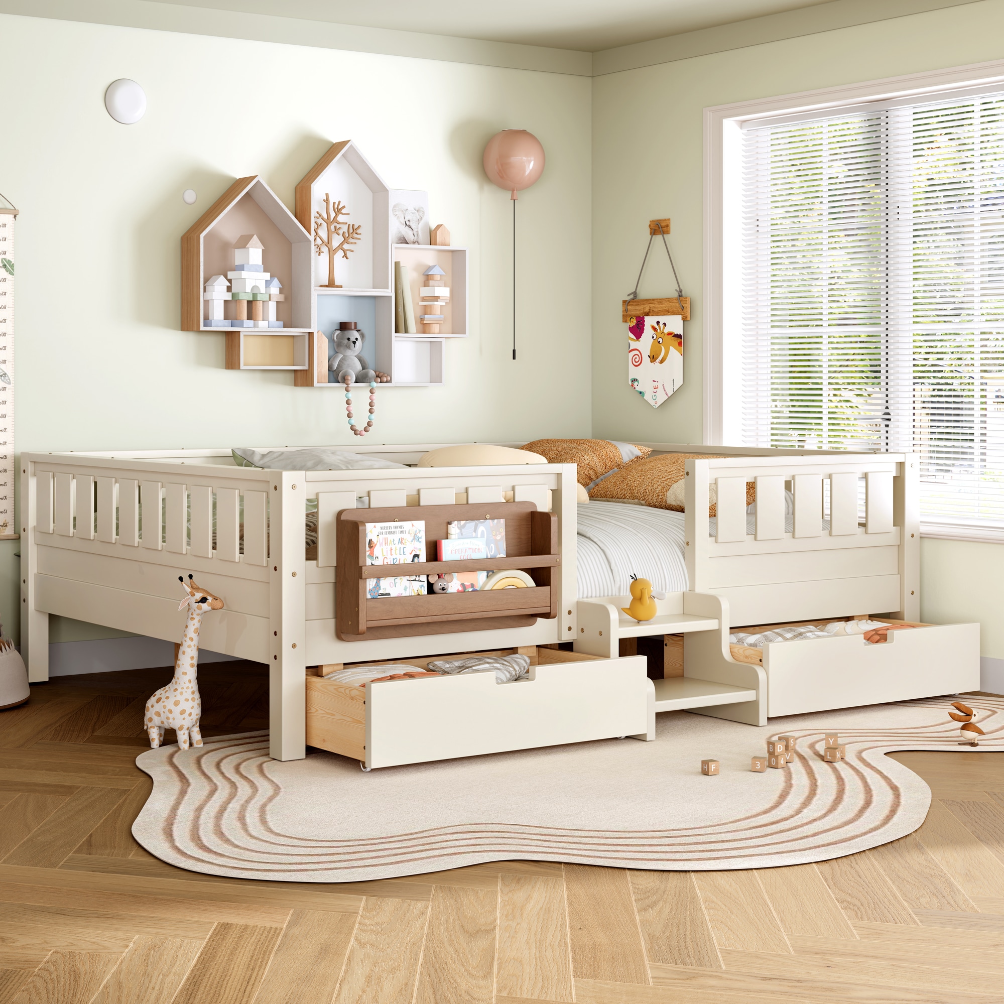 Bellemave Beige Queen Size Kids Montessori Pine Platform Bed with ...