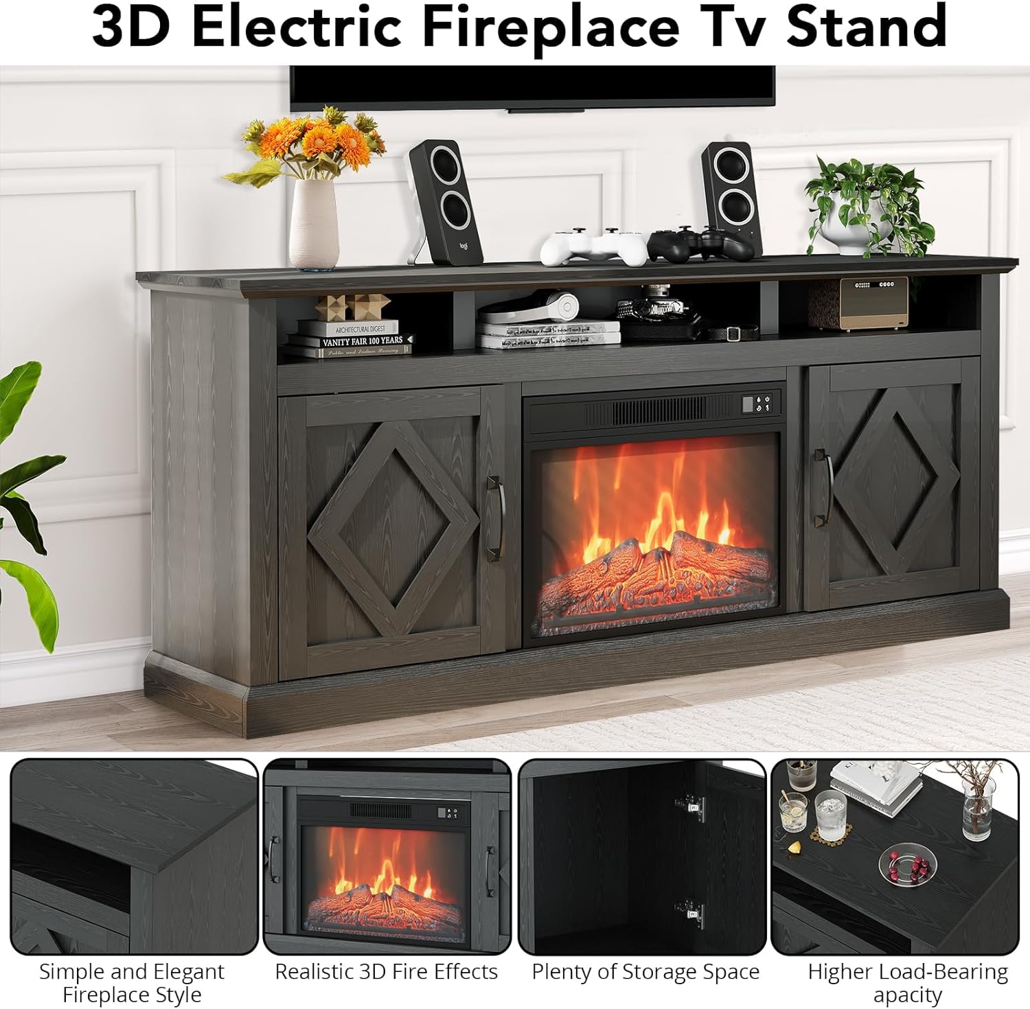 Qeetex 67Inch TV Stand with Fireplace - TV Storage Cabinet Built-in 23 ...
