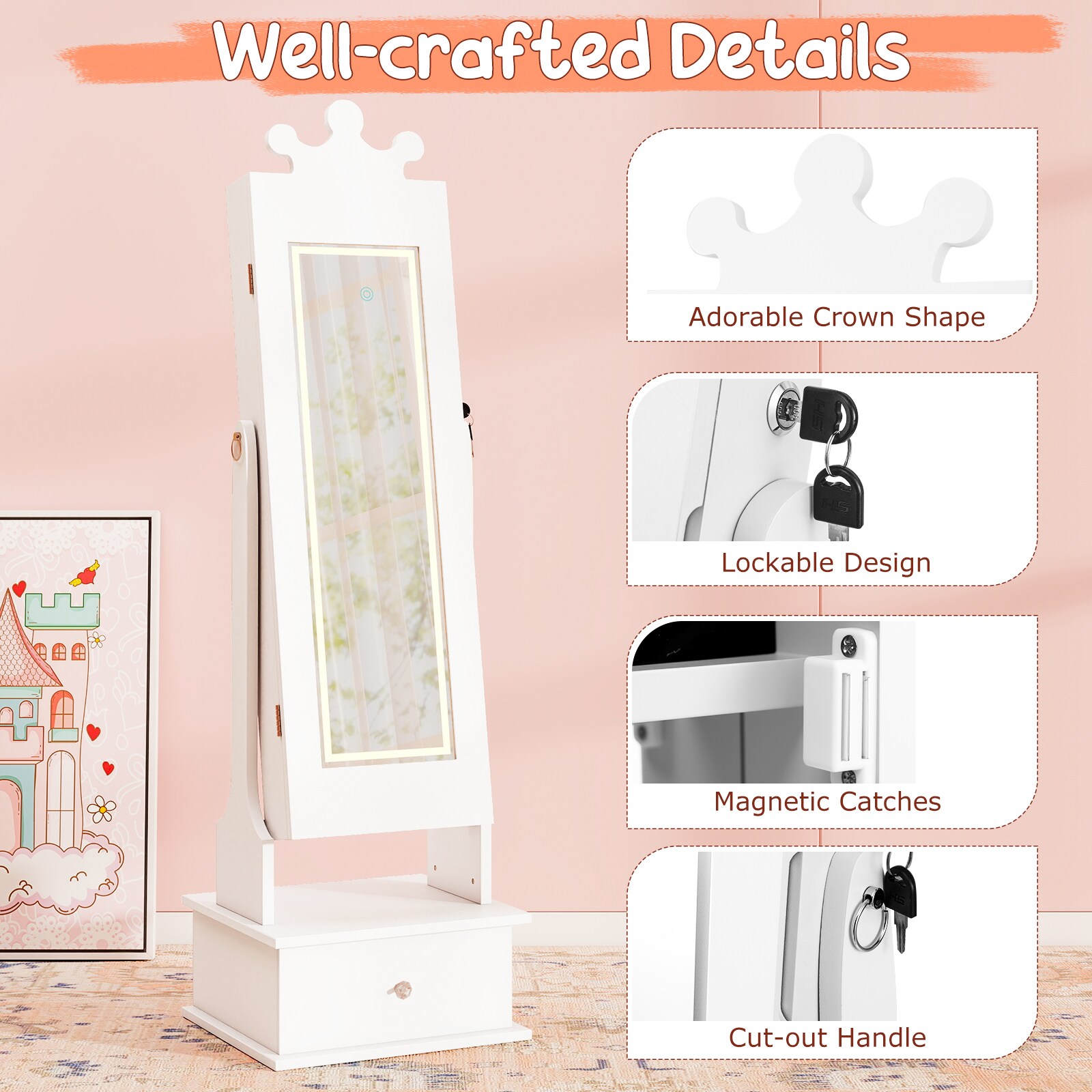 SUGIFT 3-Color Lighted Full-Length Mirror 2-Angle 27 Earring Slots 3 ...