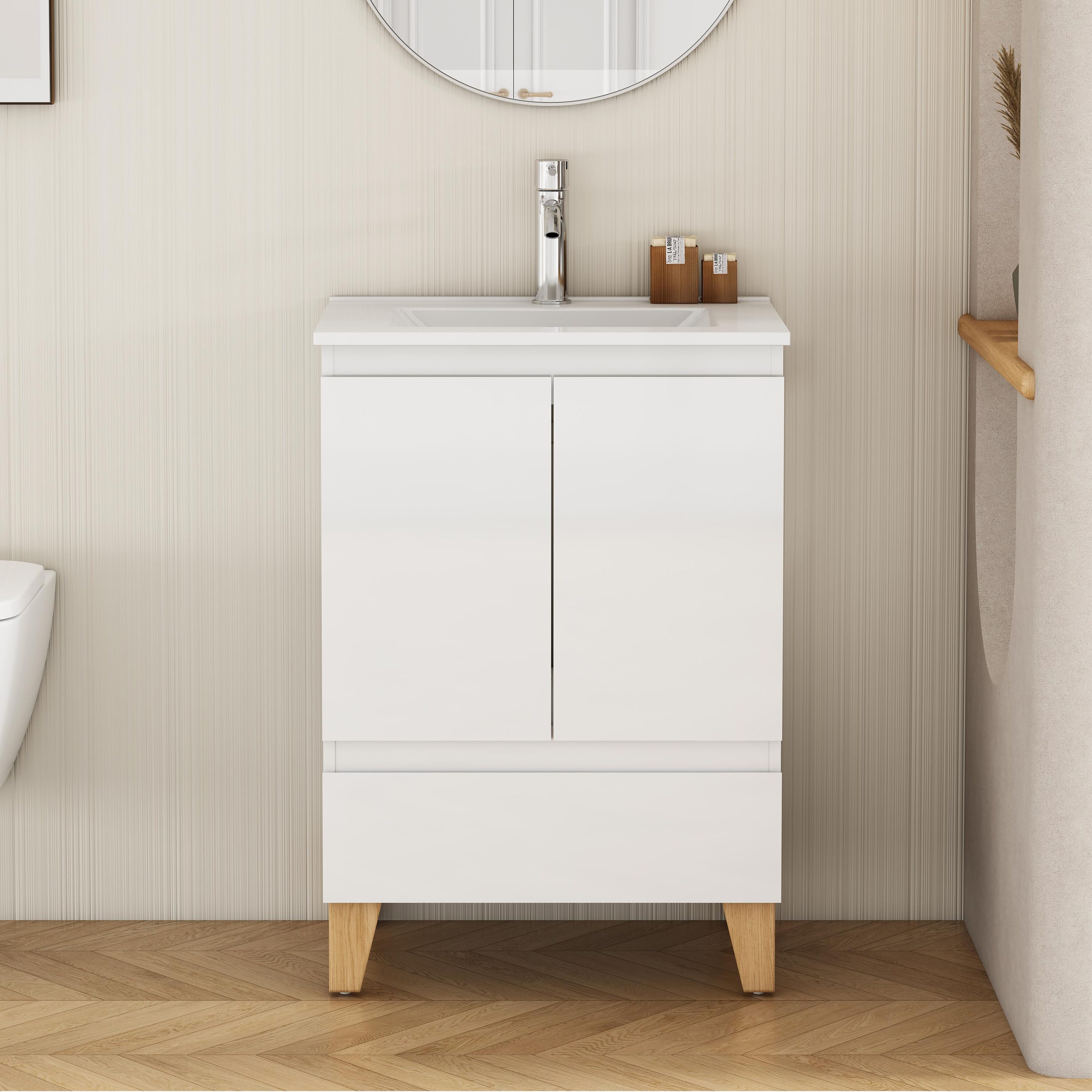 Vynxaria 24 in 1 Sink All-in-One Vanity Glossy White Bath Vanity with ...