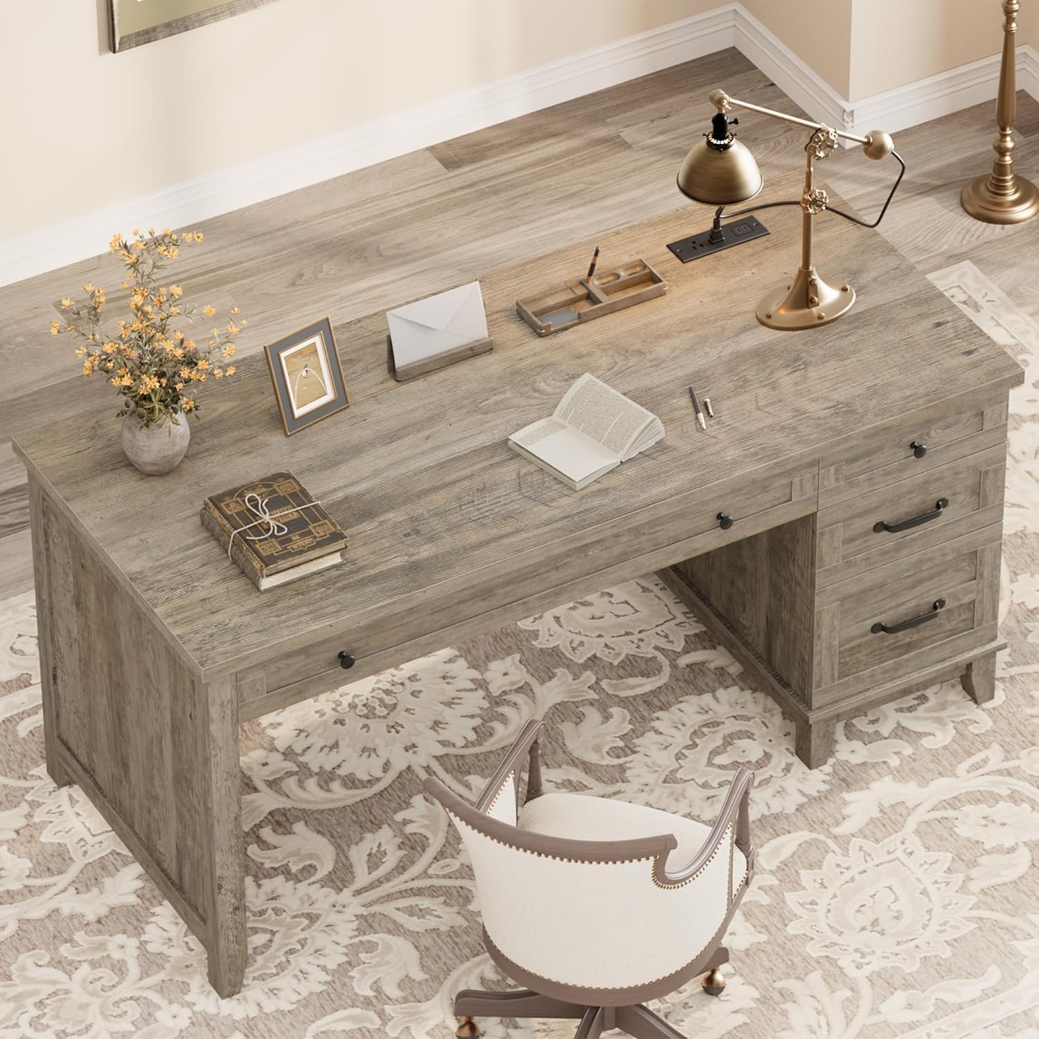 Garvee Executive Desk with Drawers Farmhouse Home Office Desk with ...