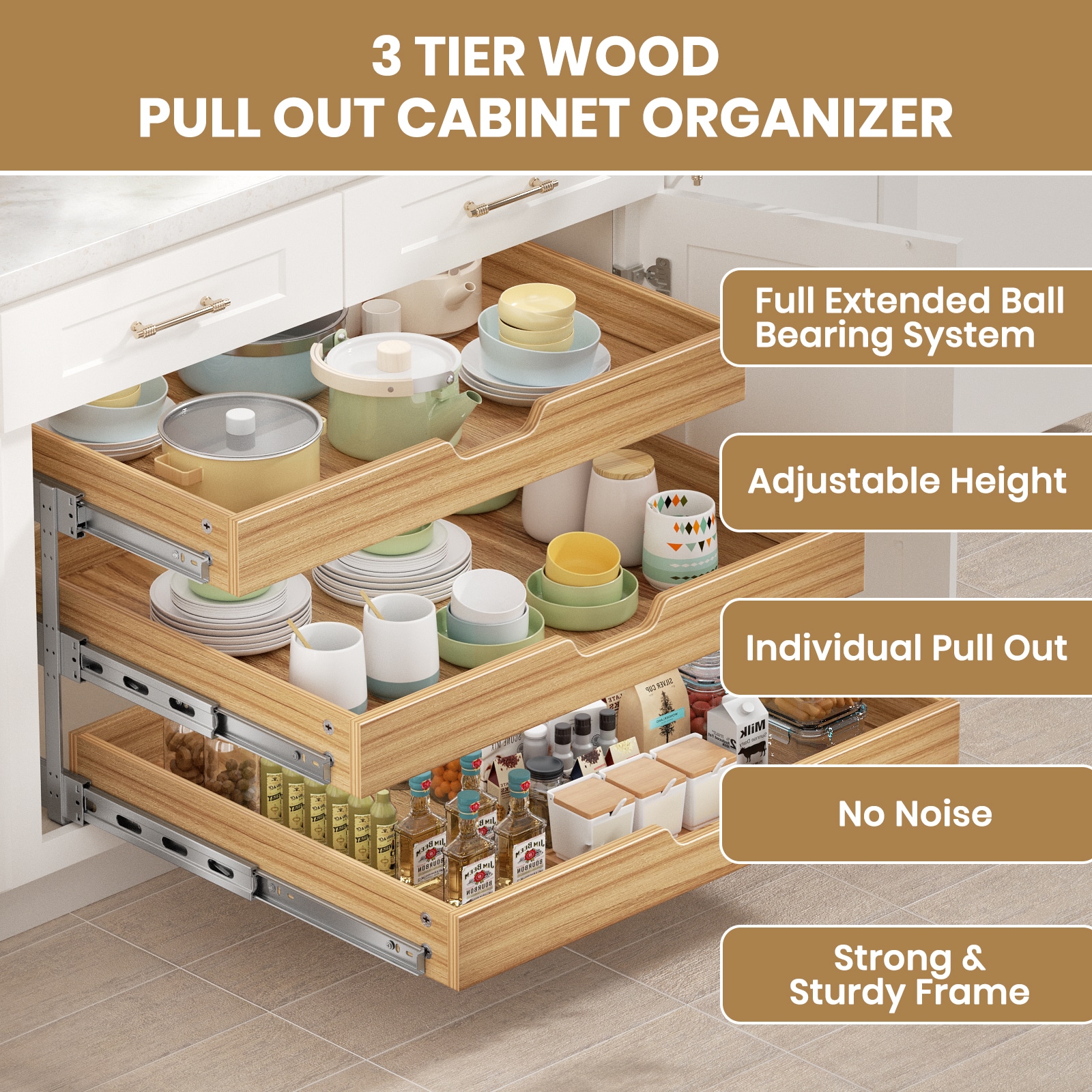 LOVMOR 3 Tier Pull Out Cabinet Organizer 30-in W x 21-in D Heavy-Duty ...