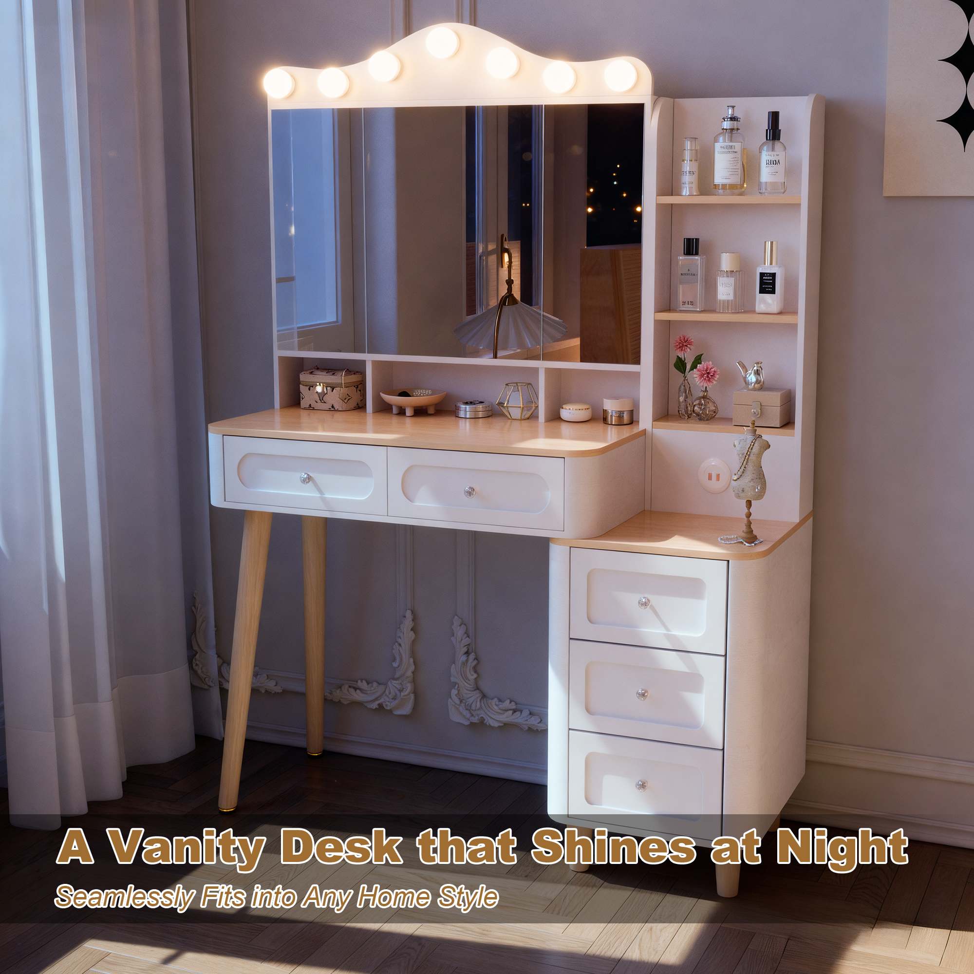 Vynxaria 2-Piece White Vanity Set with 3-Sided Foldable Mirror 3 ...