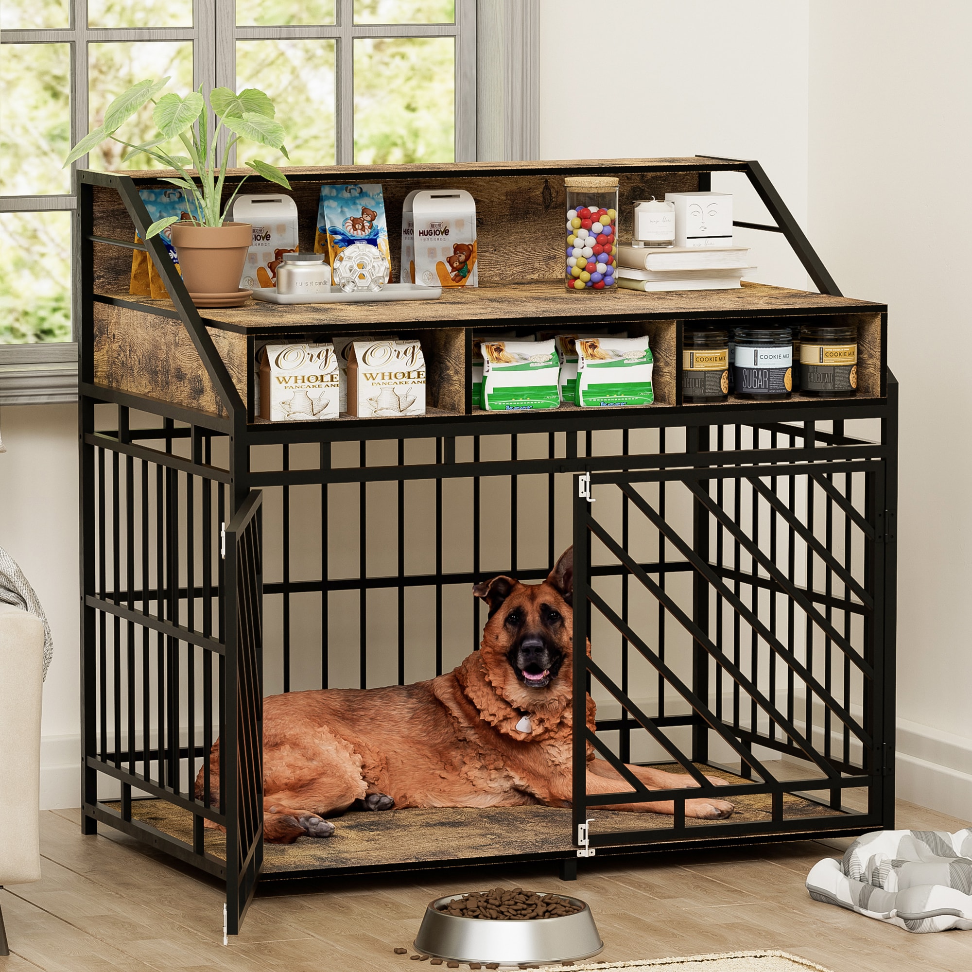 LOVMOR 43.3 inch Dog Crate Furniture for Large Dogs Wooden Dog Crate ...