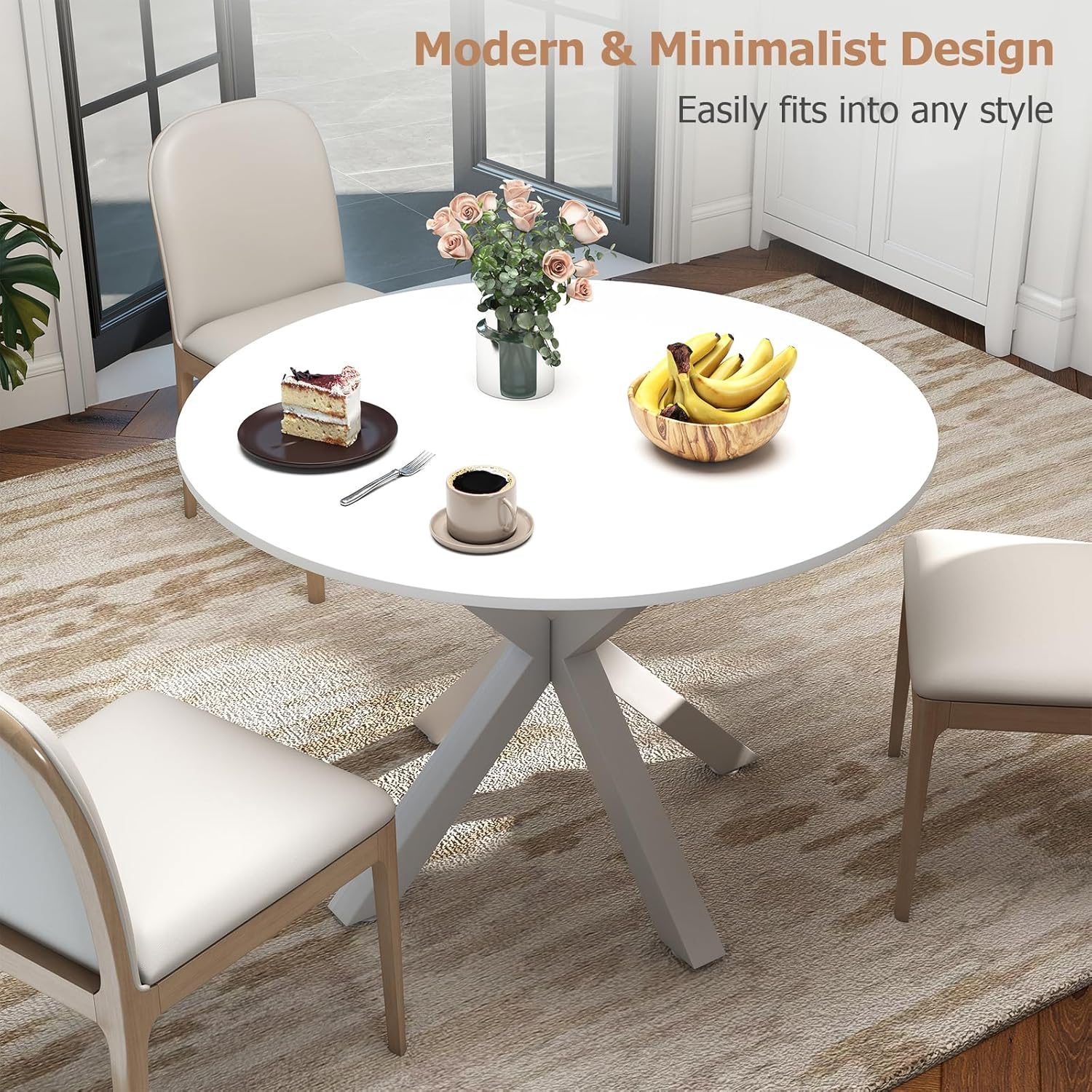Zevemomo Round Dining Table 42 Inch with White Metal Cross Legs White ...