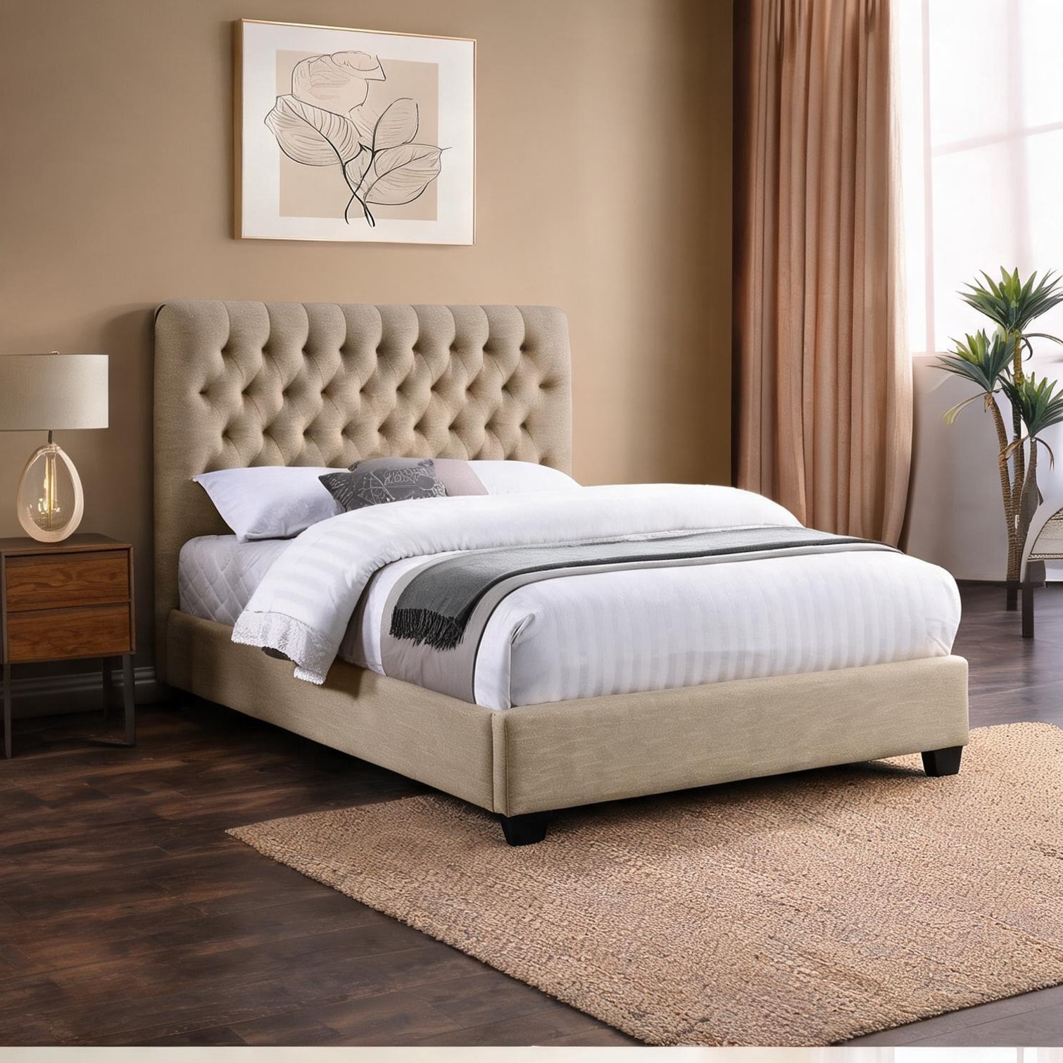 Watnature Queen Upholstered Bed with Tufted Headboard Oatmeal Fabric ...