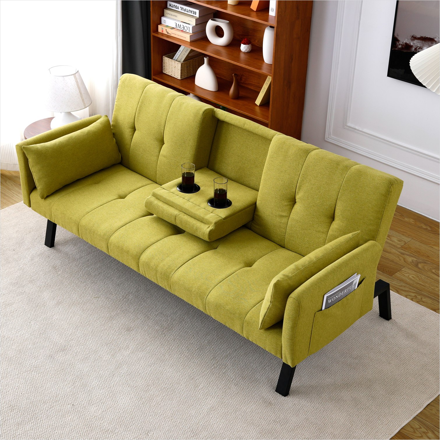 Naturefalls Rectangular sleeper sofa with fold-down backrest cup holder ...
