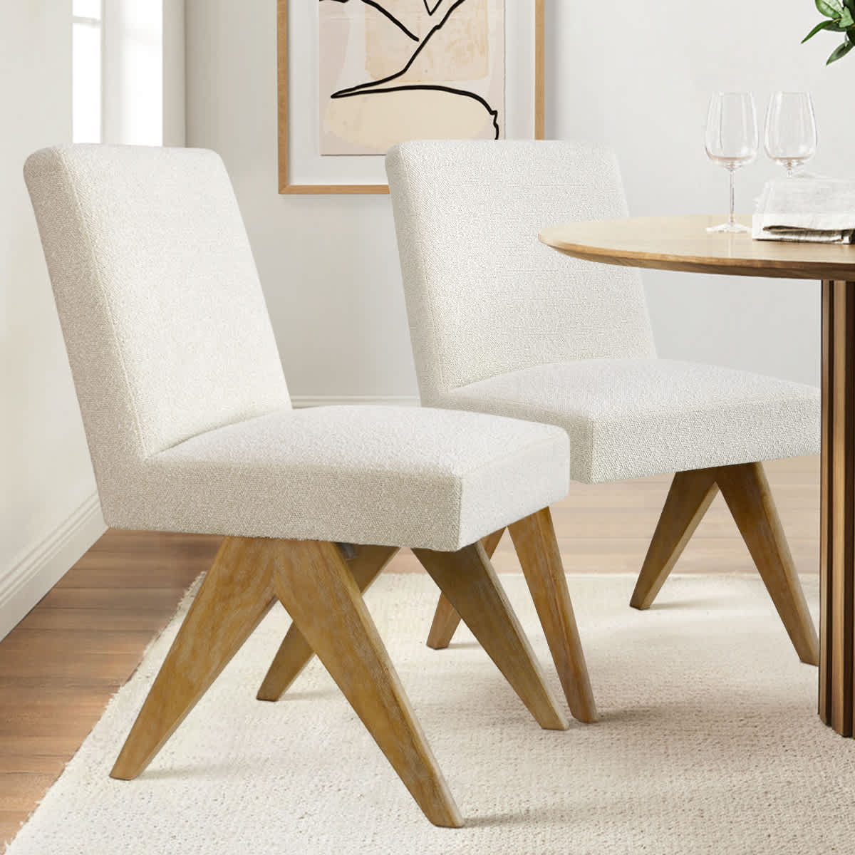 Maison Boucle Set of 2 Beige Boucle Dining Chairs with V-Shaped ...