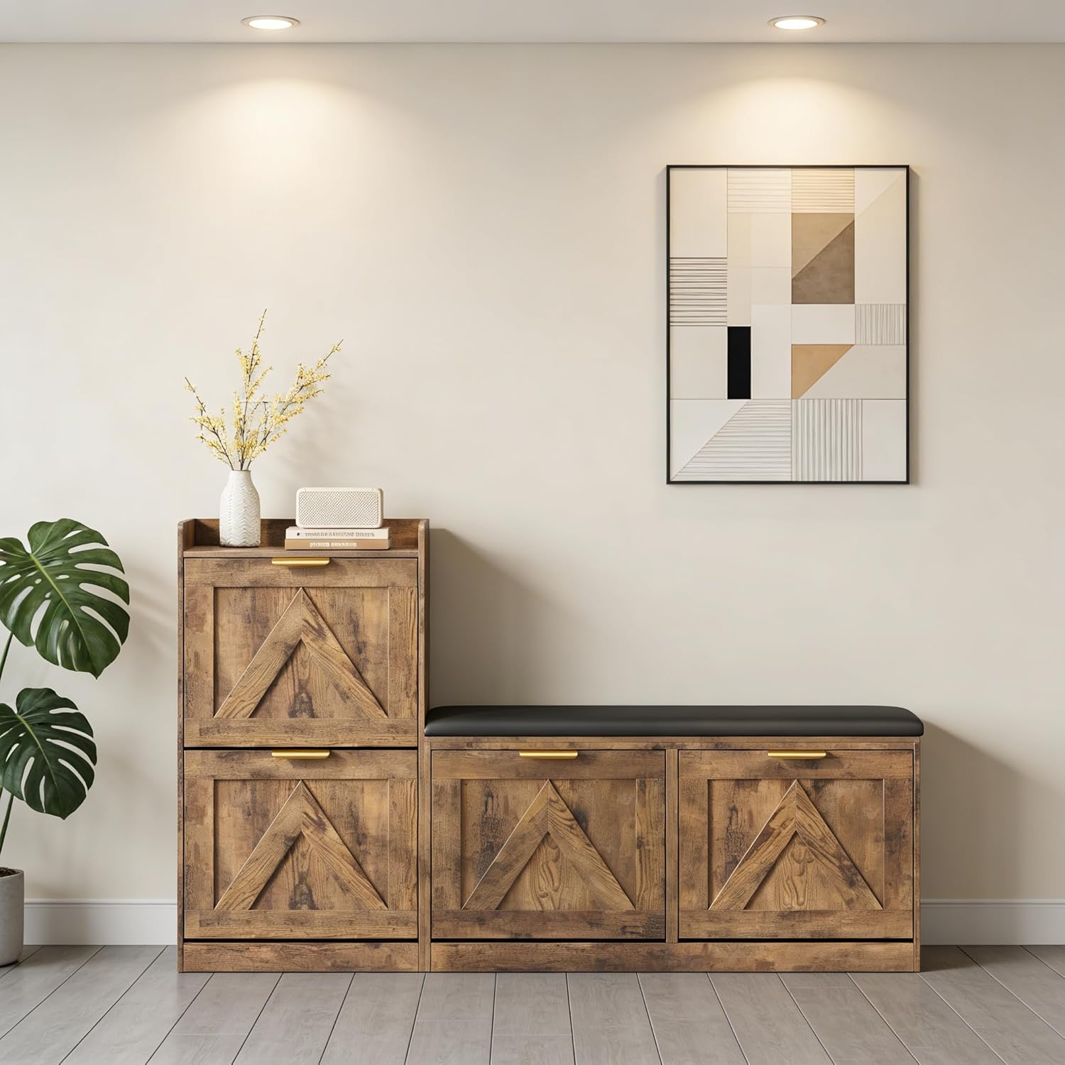 IdealHouse Farmhouse Shoe Storage With Bench And 4 Flip Drawers Shoe ...