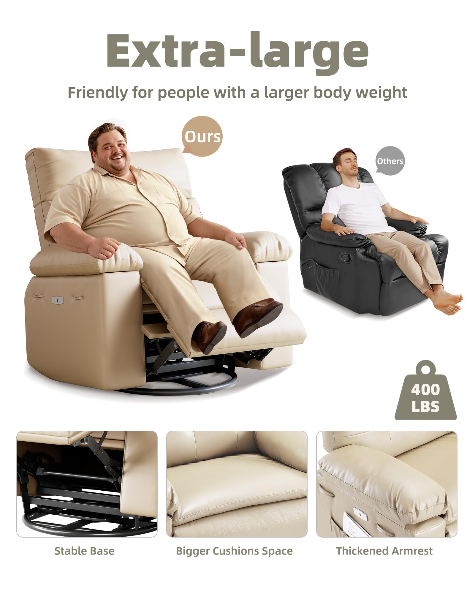 Garvee Oversized Rocker Recliner Chair PU Leather 360 Degree Manual ...