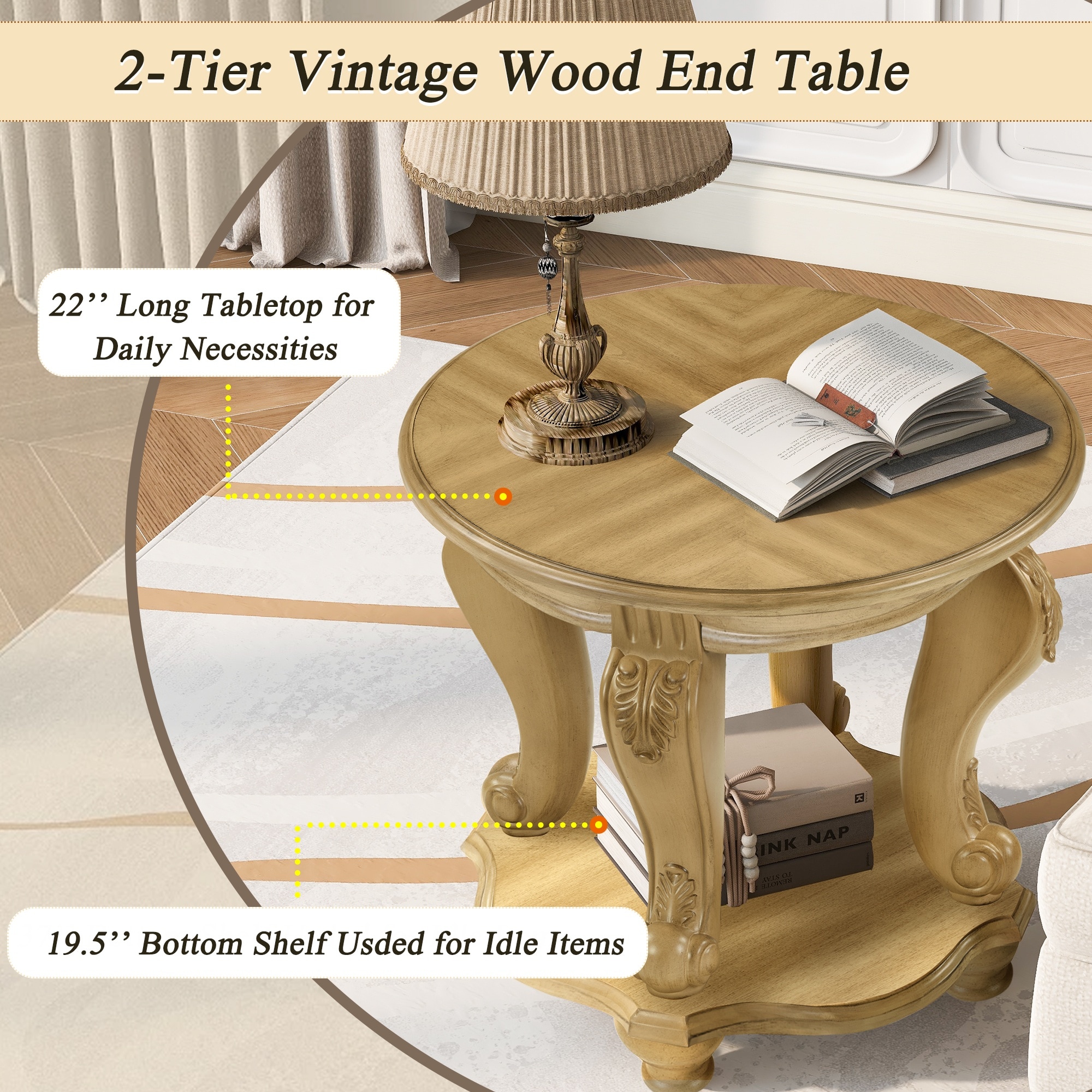 HyperDrop Cart 22in Antique Natural Two-Tone Round End Table/ Solid ...