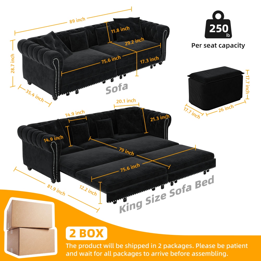Homy Casa DBSAY 89 in. Sable Black Velvet King Size 3-Seat Sleeper Sofa Bed with Tufted Arms and ...