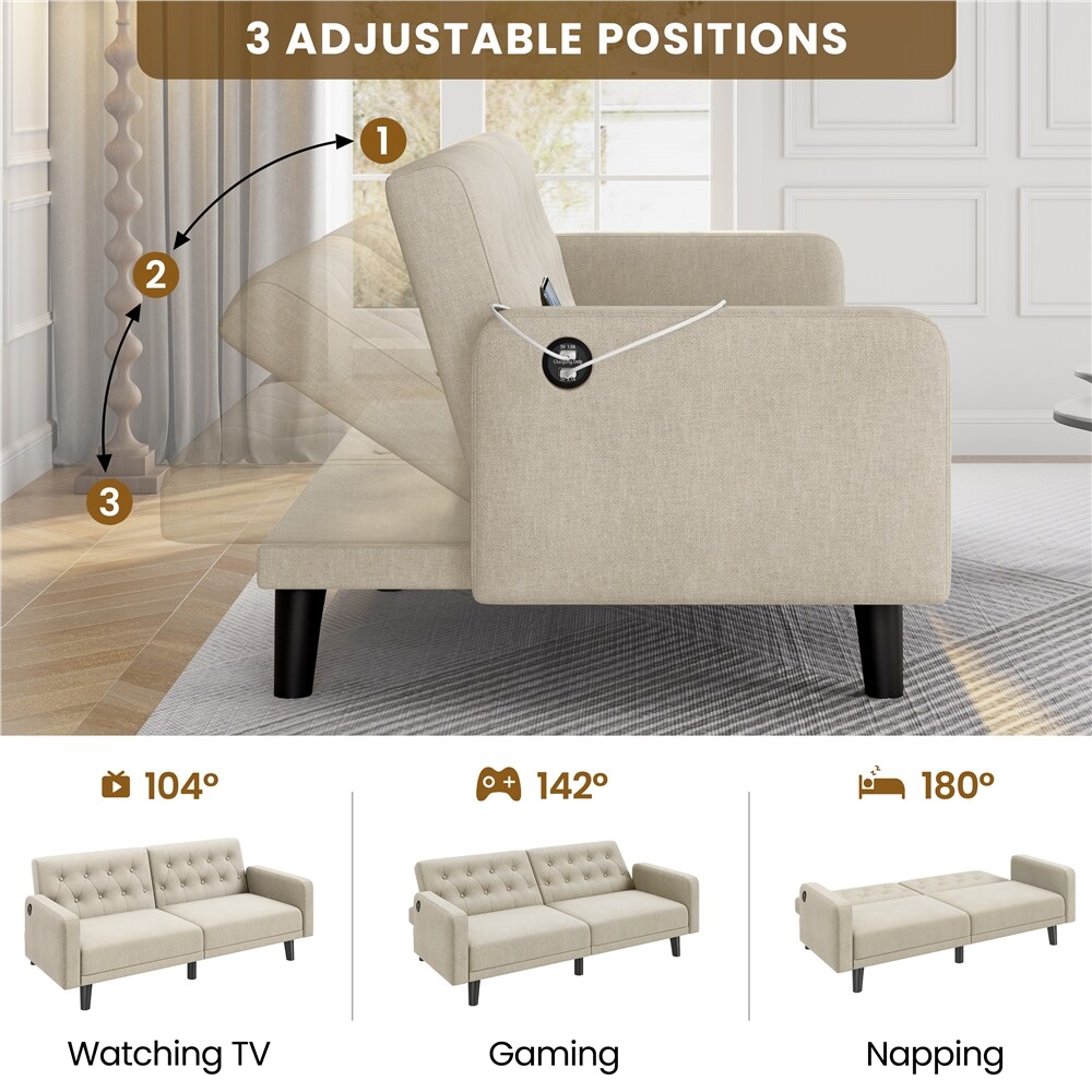 Yaheetech Beige Modern 63in Convertible Futon Sofa Bed with USB Ports ...