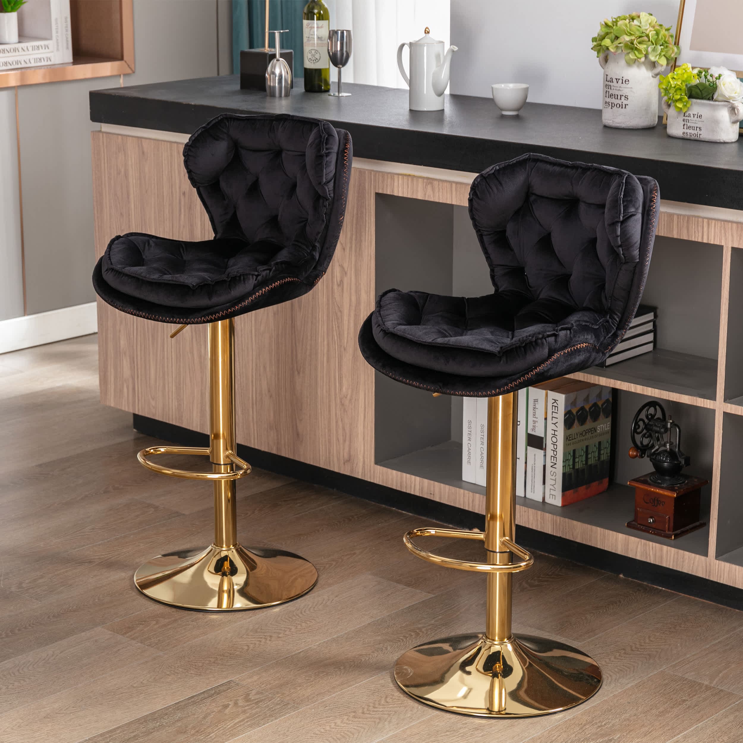 Vynxaria Set of 2 Black Velvet Bar Stools Swivel Height Adjustable ...