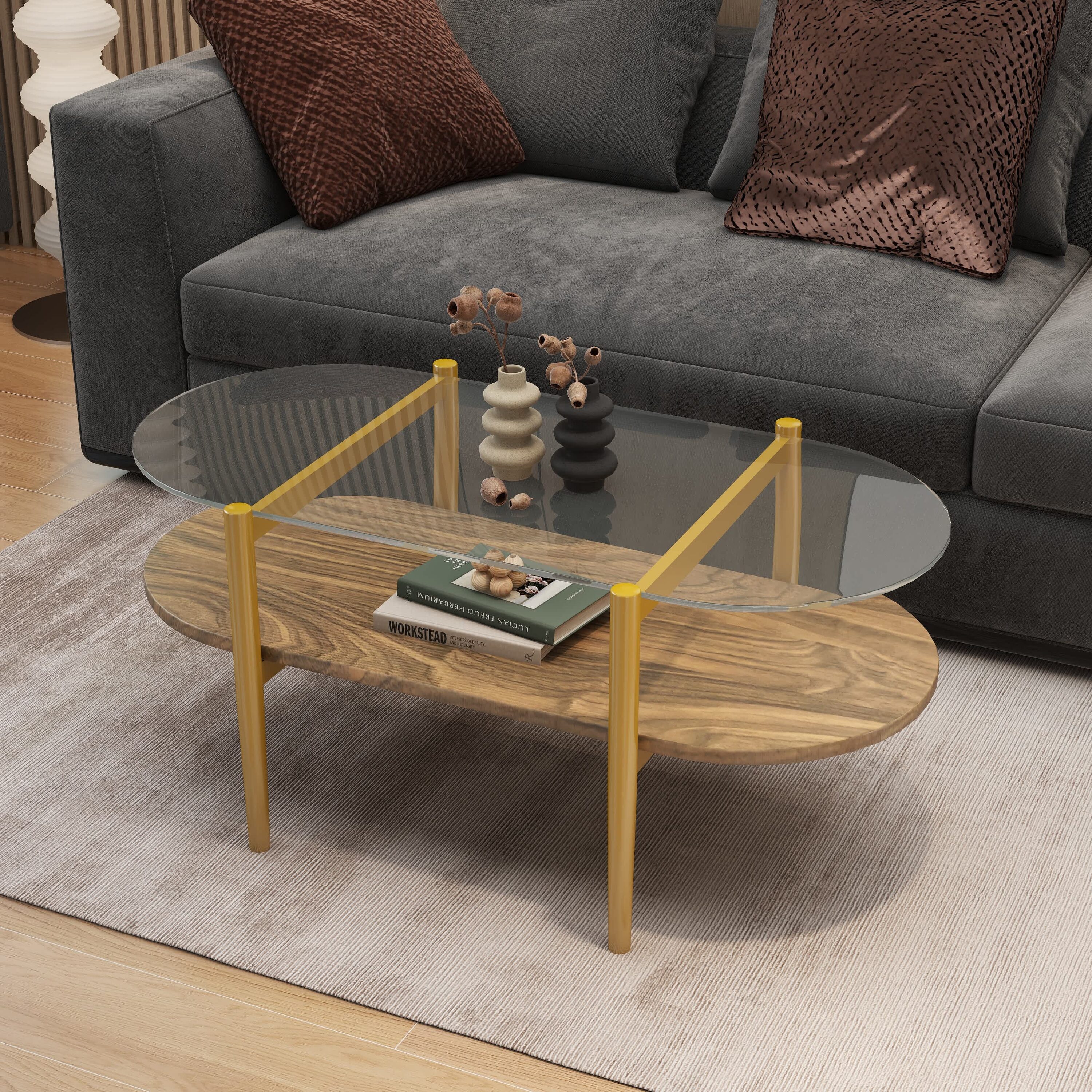 Vynxaria Gold Walnut Finish Oval Glass Indoor Coffee Table 2-Tier with ...