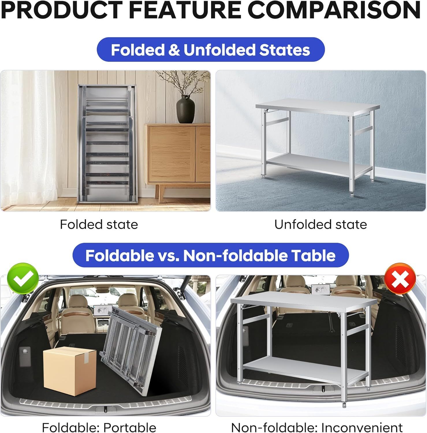 Garvee Stainless Steel Folding Table 36 48 60 Inch 2 Tier Commercial ...